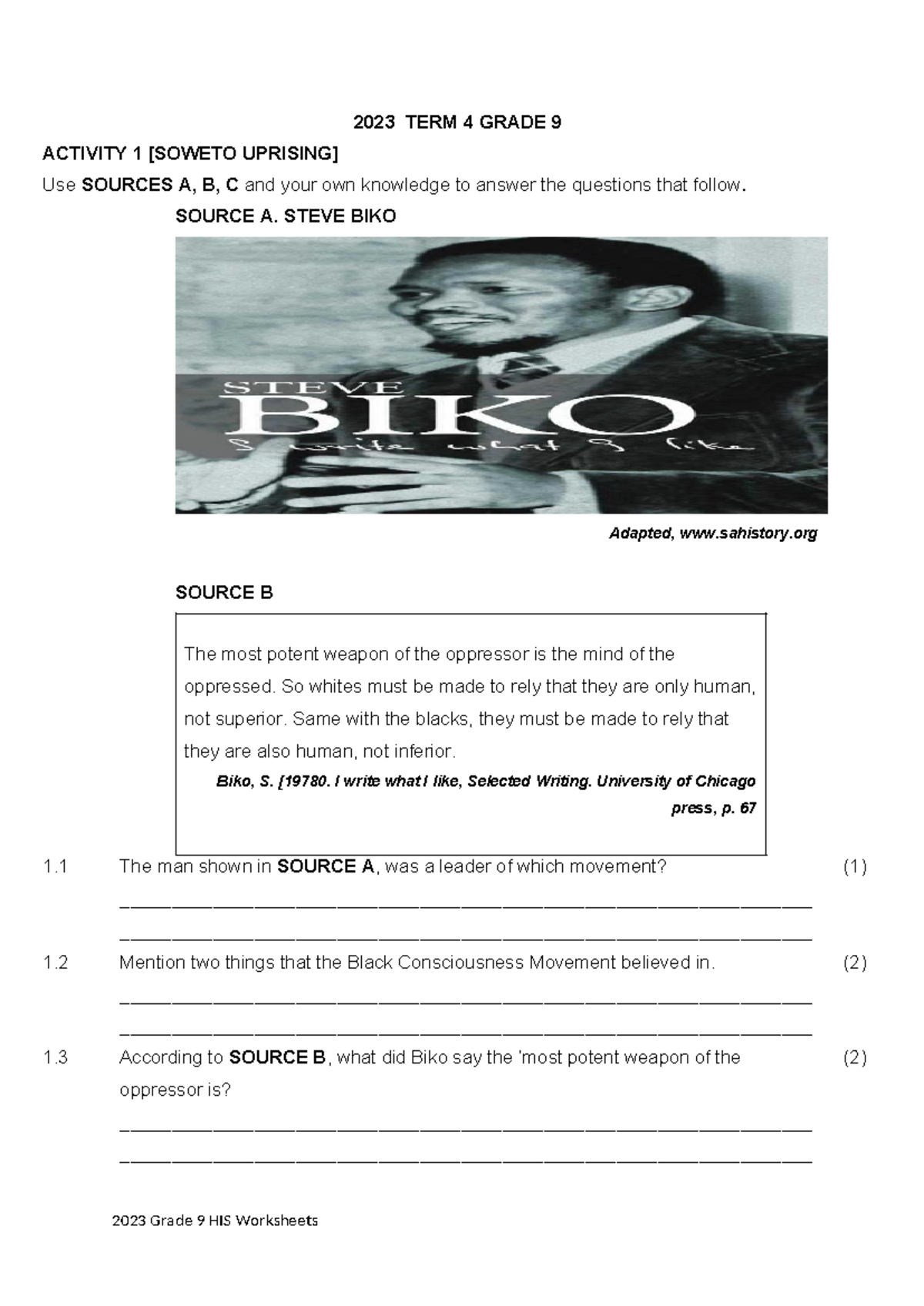 2023 Grade 9 HIS Term 4 Activity Worksheets on Apartheid - Studocu