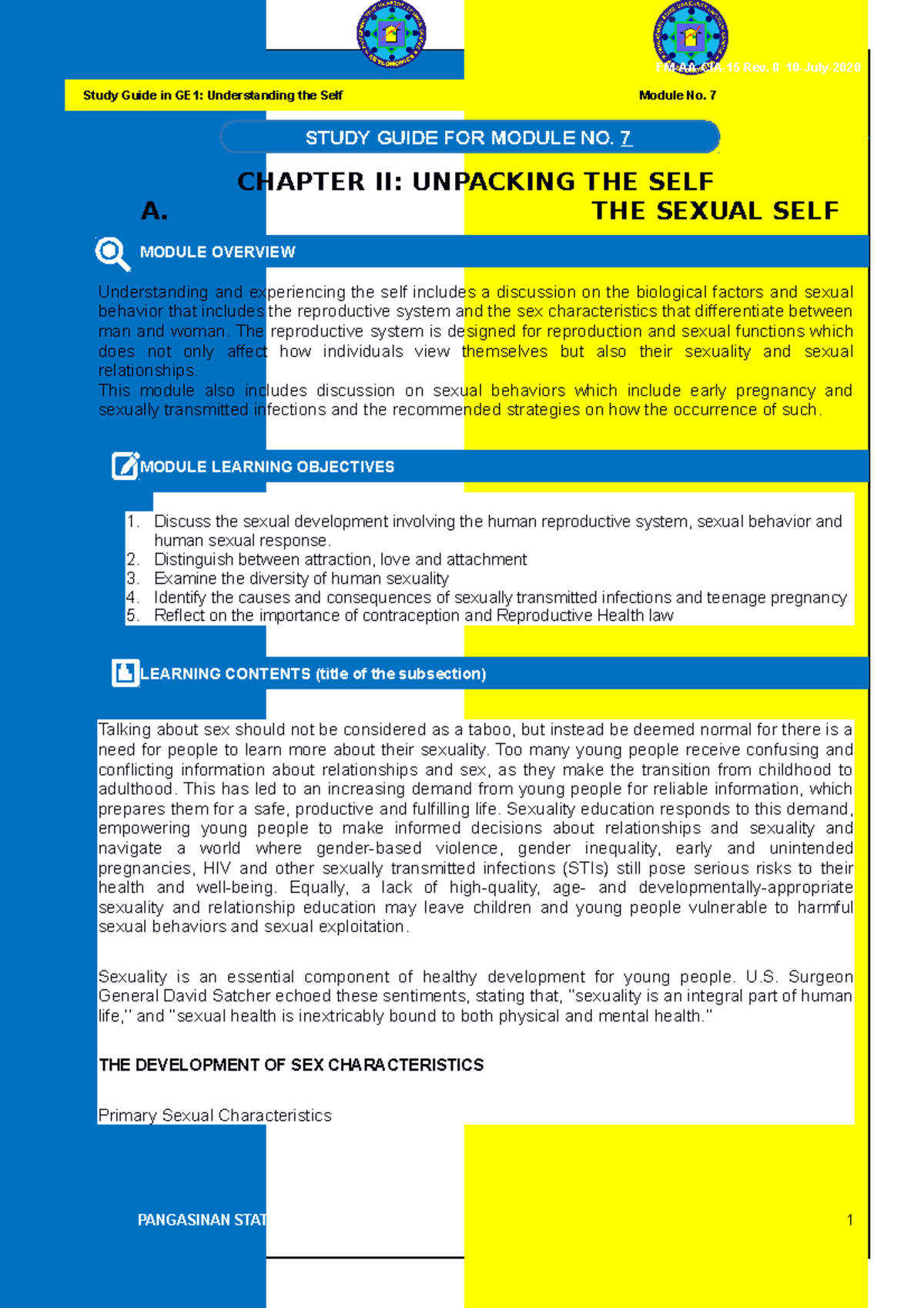 GE1 Module 7 - Sexual Self - Understanding the Self - PangSU - Studocu