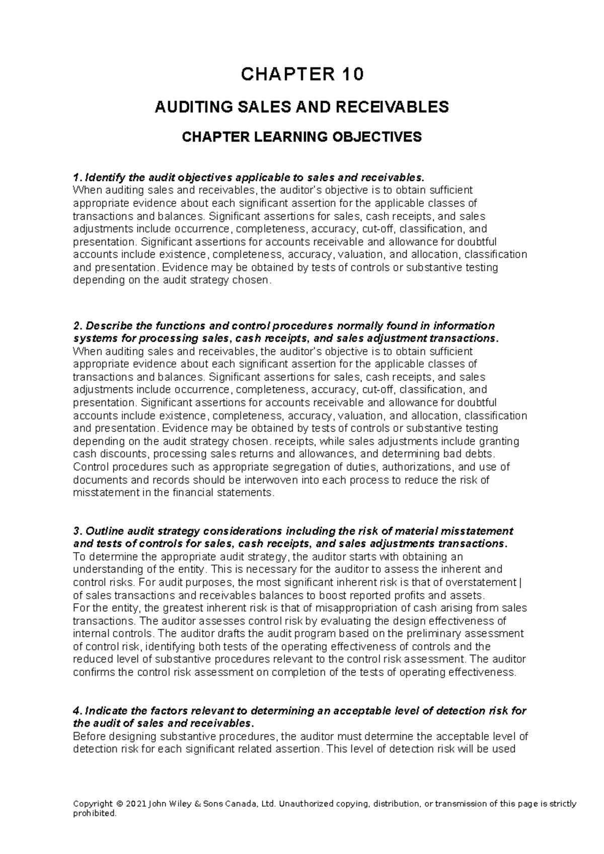 CHAPTER 10: AUDITING SALES AND RECEIVABLES - LEARNING OBJECTIVES - Studocu