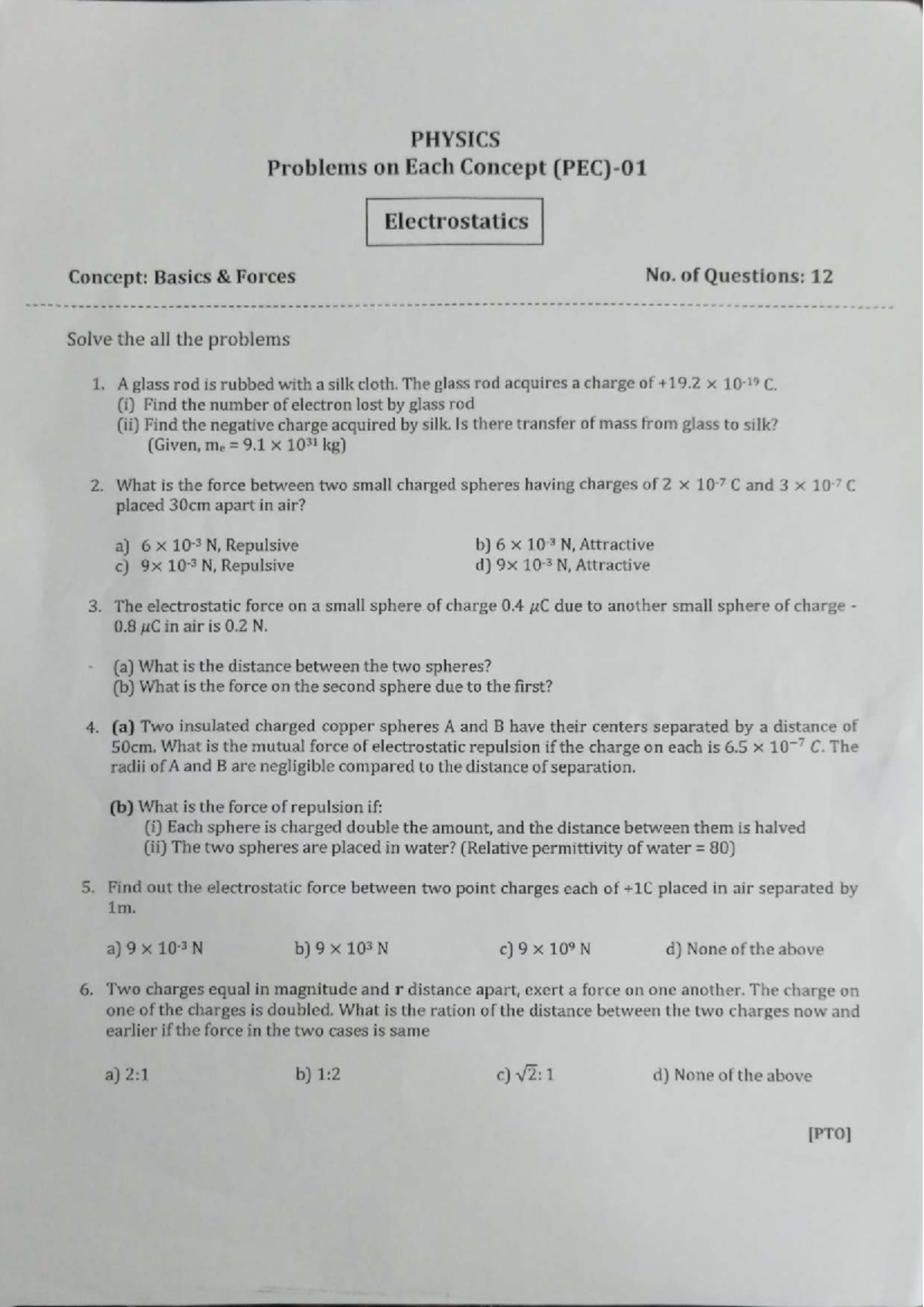PHYSICS 101: Electrostatics Problems & Solutions (12 Questions) - Studocu