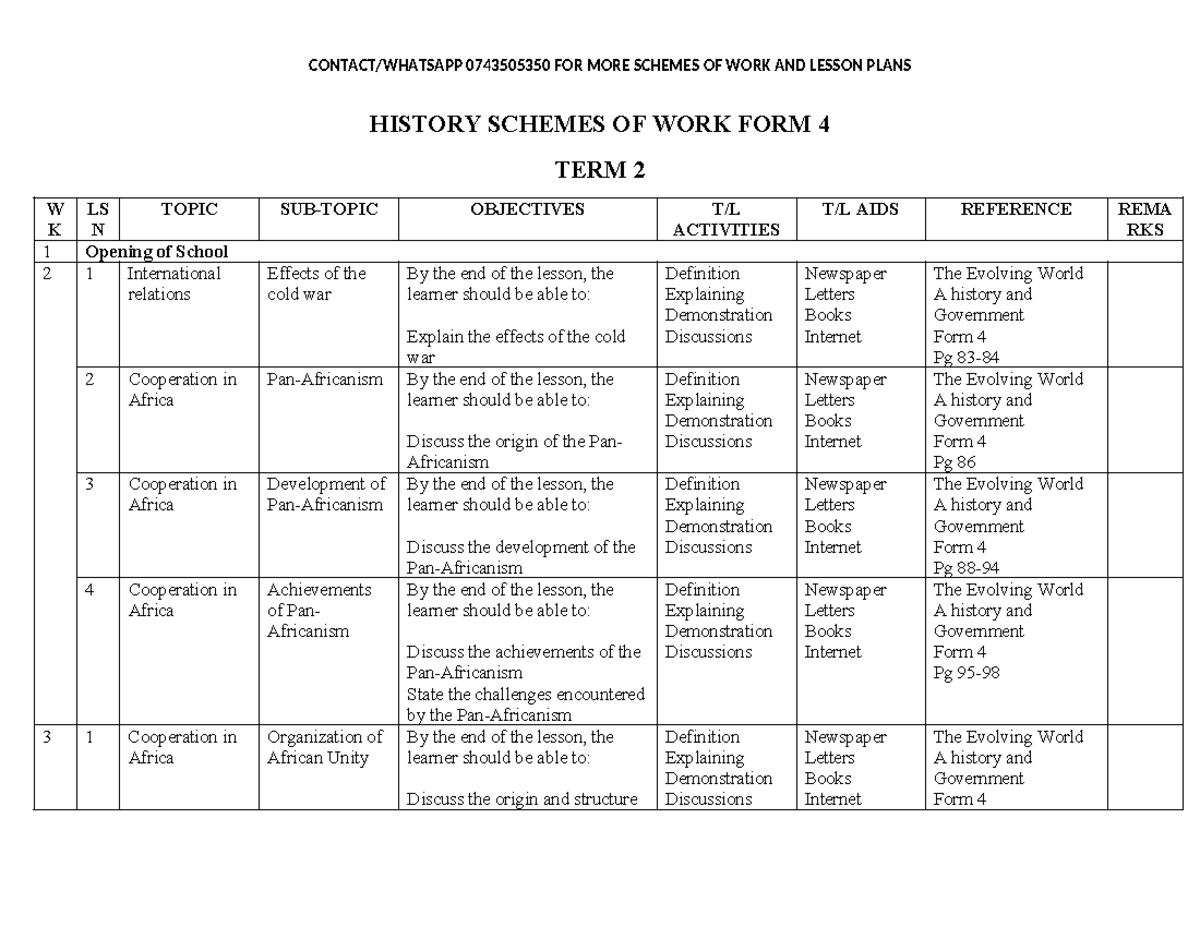 FORM 4 TERM 2 History Schemes of Work and Lesson Plans @0743505350 ...