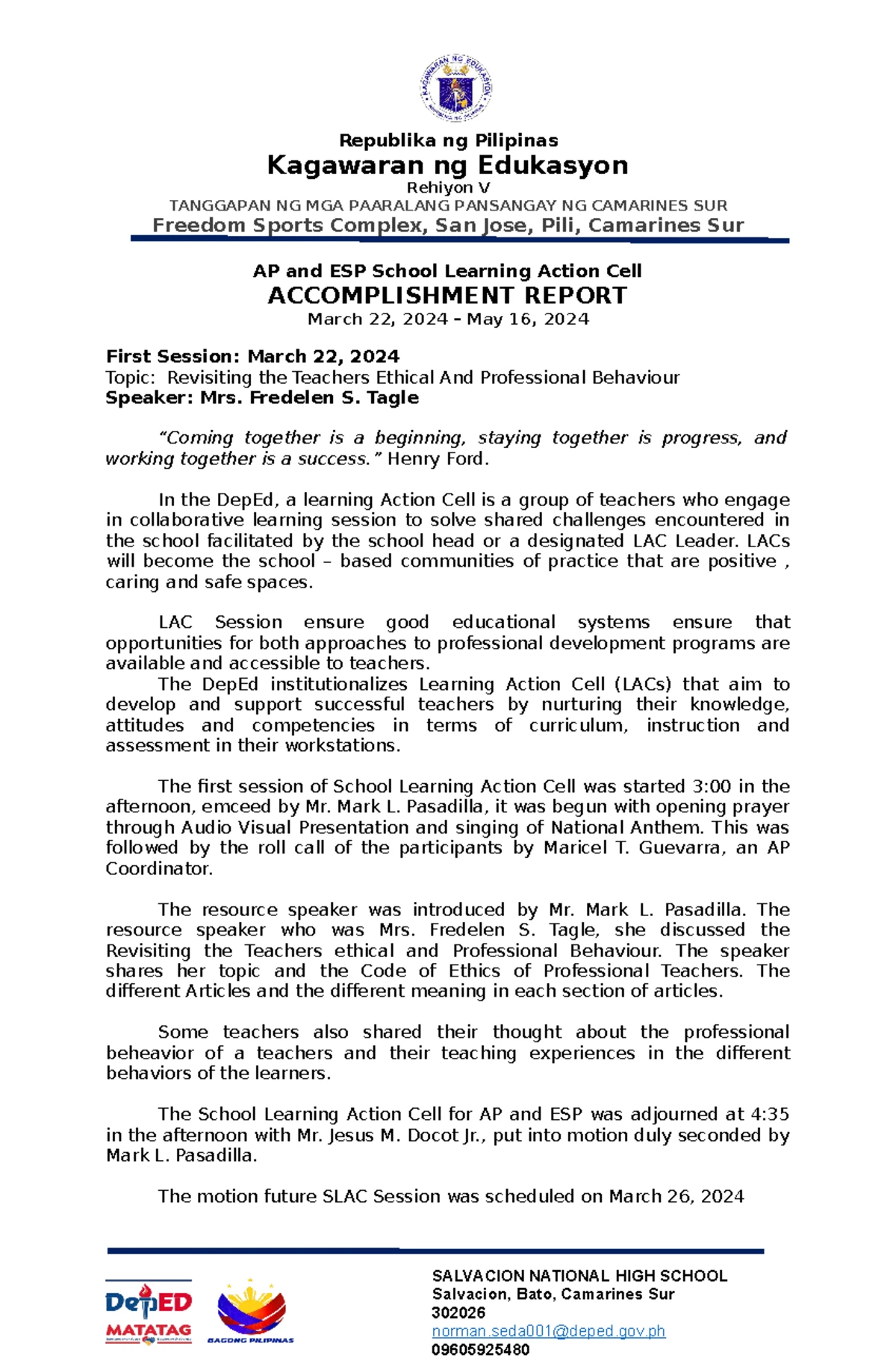 Accomplishment Report: School Learning Action Cell for AP and ESP (2024 ...