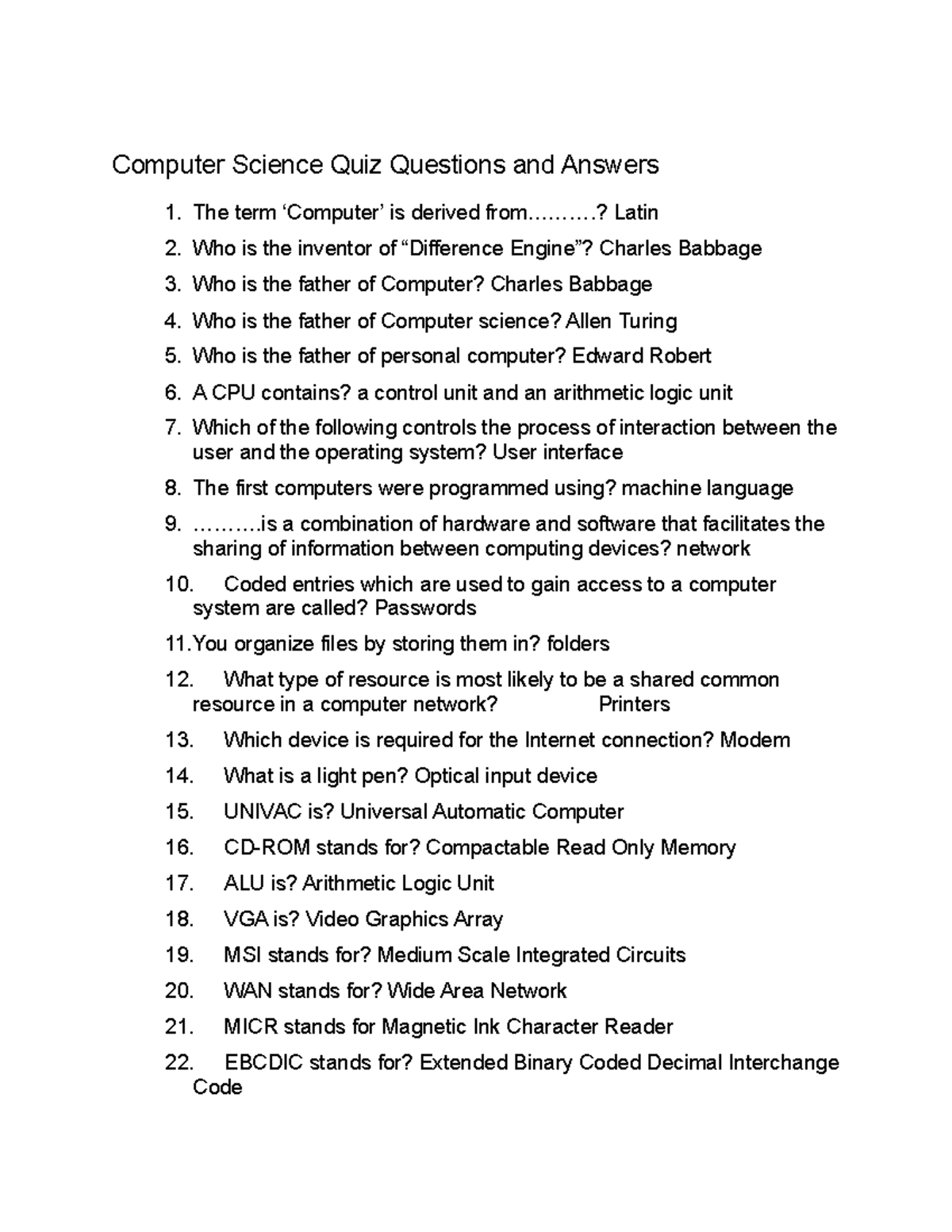 CS101 Quiz: Comprehensive Questions & Answers for Computer Science ...