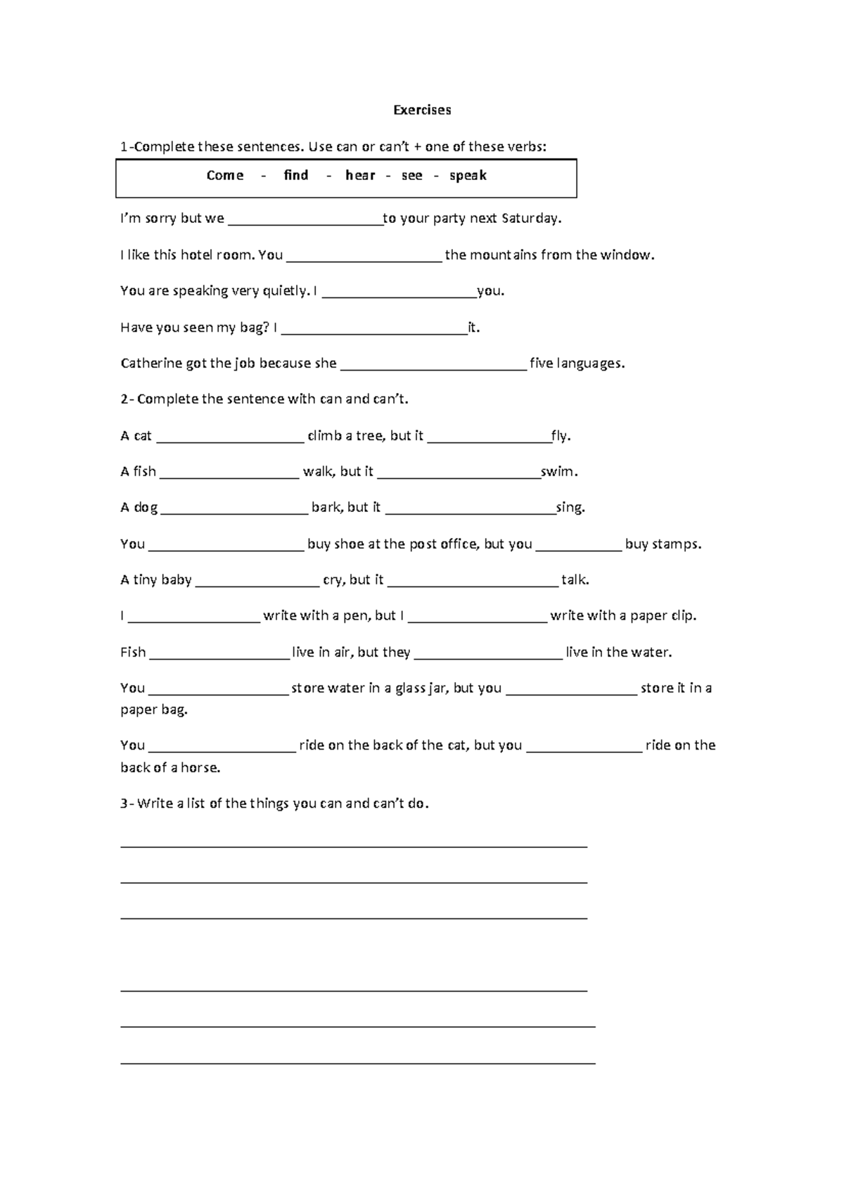 Can or Can't: Exercises on Using 'Can' and Verbs - Studocu