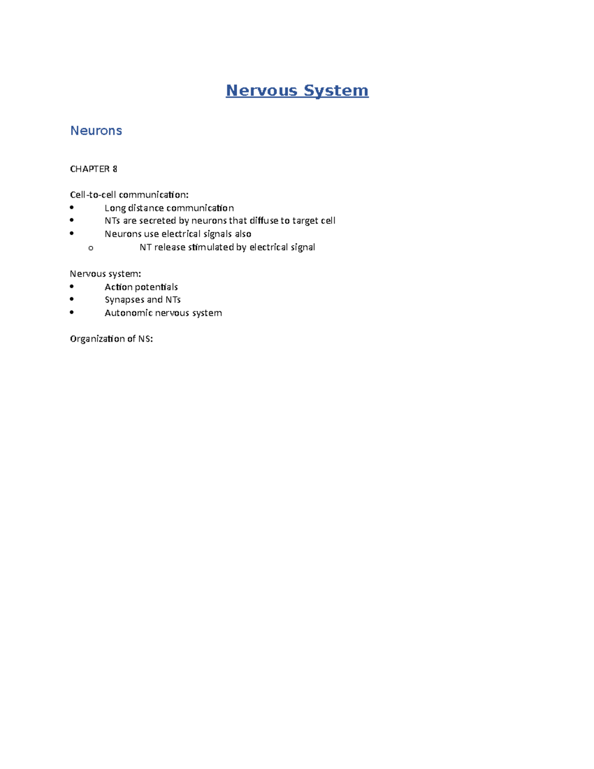 4. Nervous System - Lecture Notes on Neurons & Synapses (Chapter 8 ...