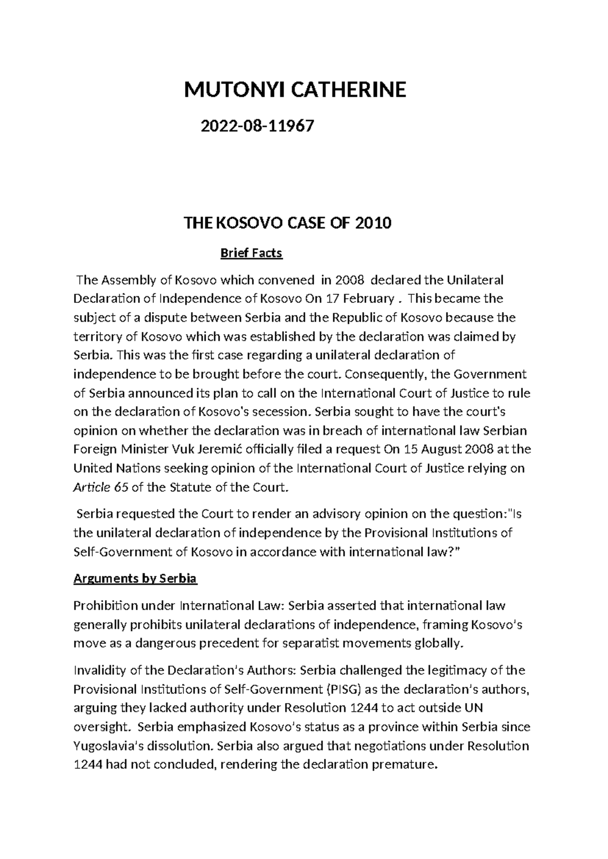 MUTONYI CATHERINE: The Kosovo Case of 2010 - Advisory Opinion Analysis ...