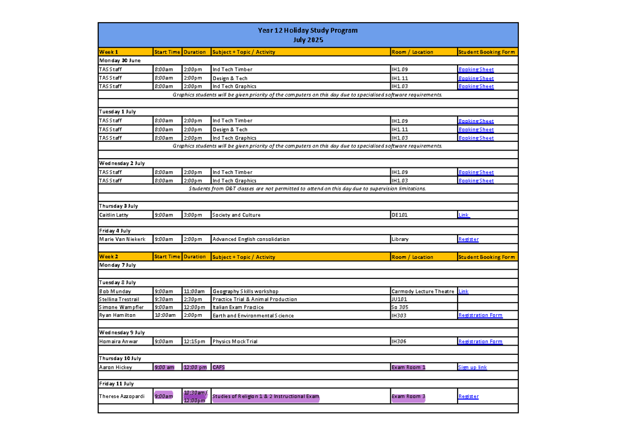 Year 12 Holiday Study Program July 2025 - Week 1 & 2 Schedule - Studocu
