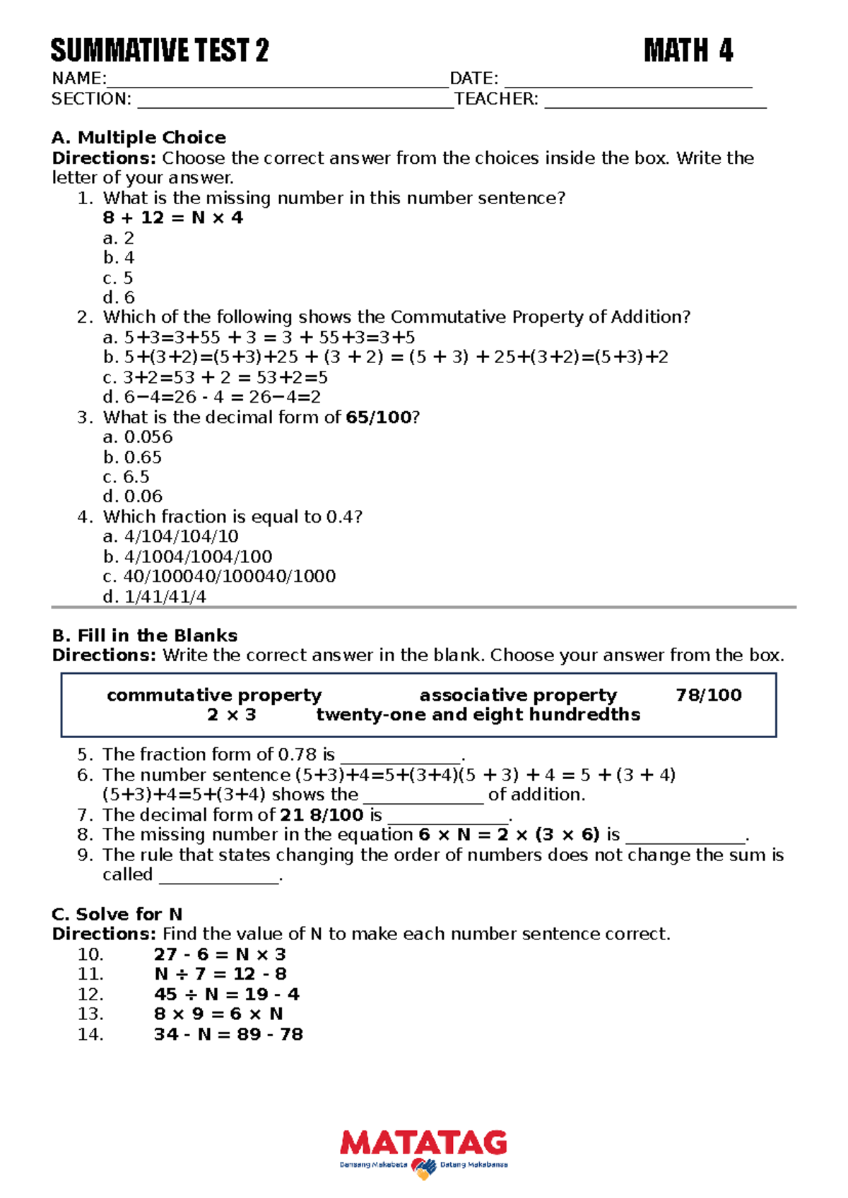 MATH 4 Summative Test 2 - Comprehensive Review and Answer Key - Studocu