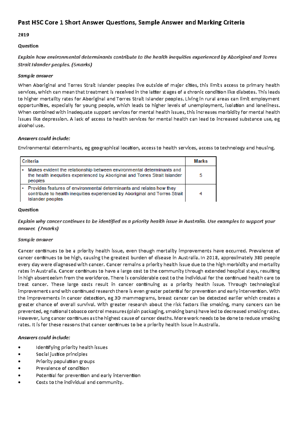 HSC Core 1: Past Short Answer Questions & Sample Answers Guide - Studocu