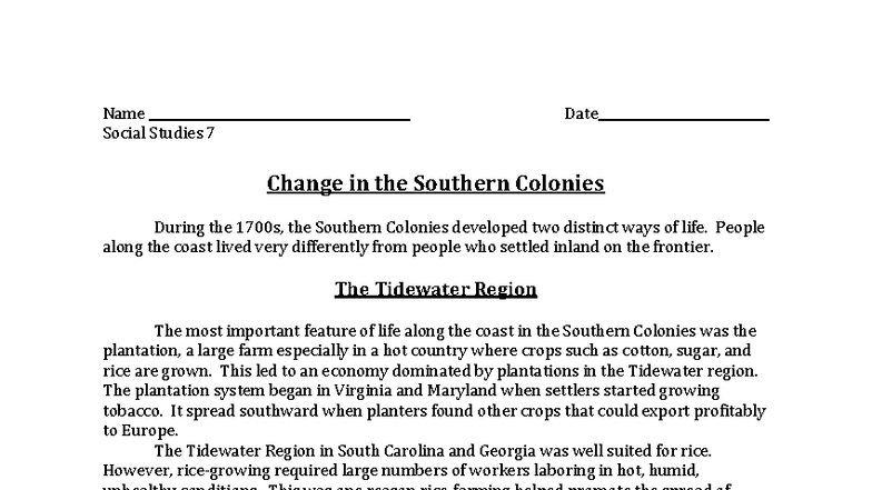 SS7: Two Distinct Ways of Life in the Southern Colonies - Studocu