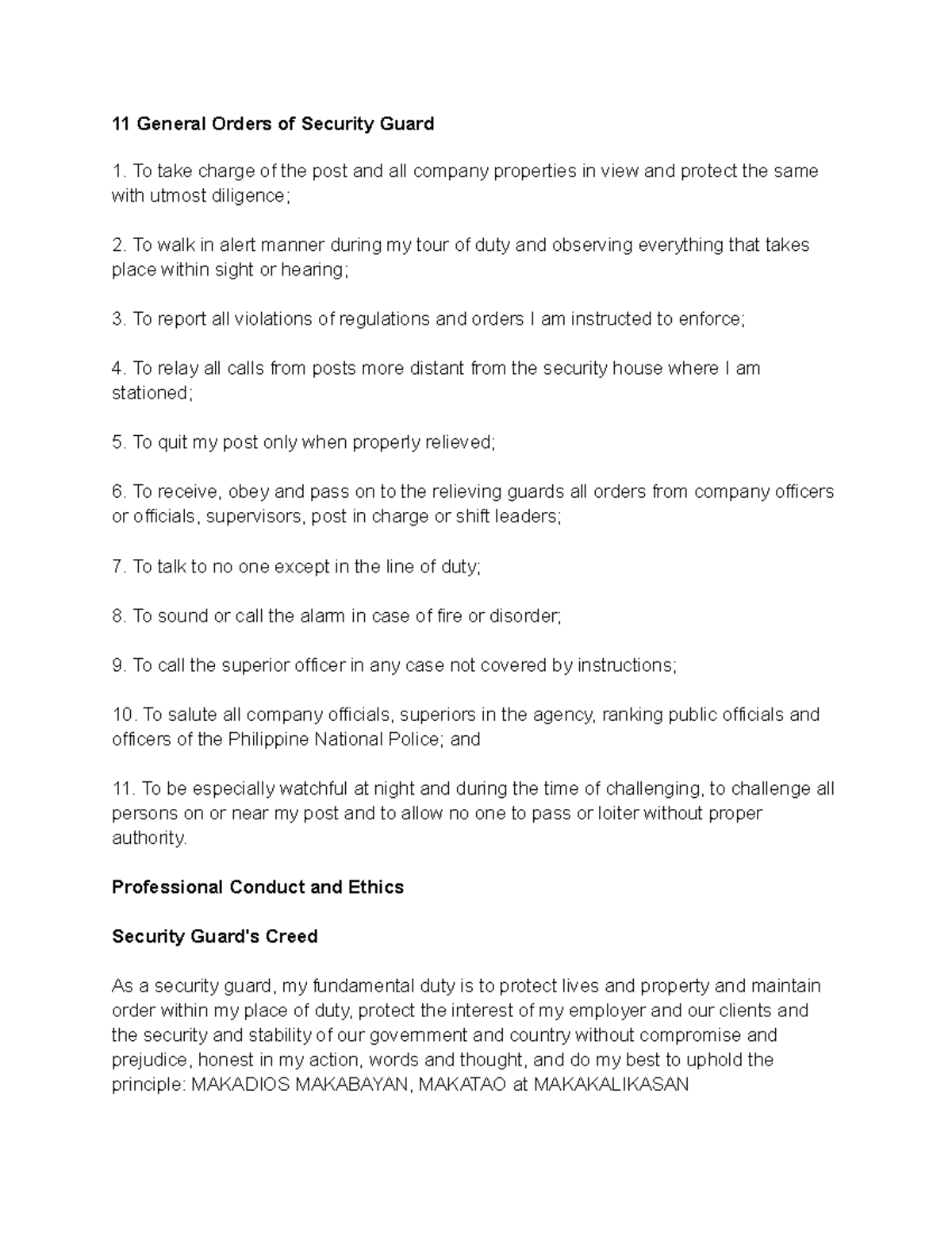 11 General Orders and Ethical Standards for Security Guards - Studocu