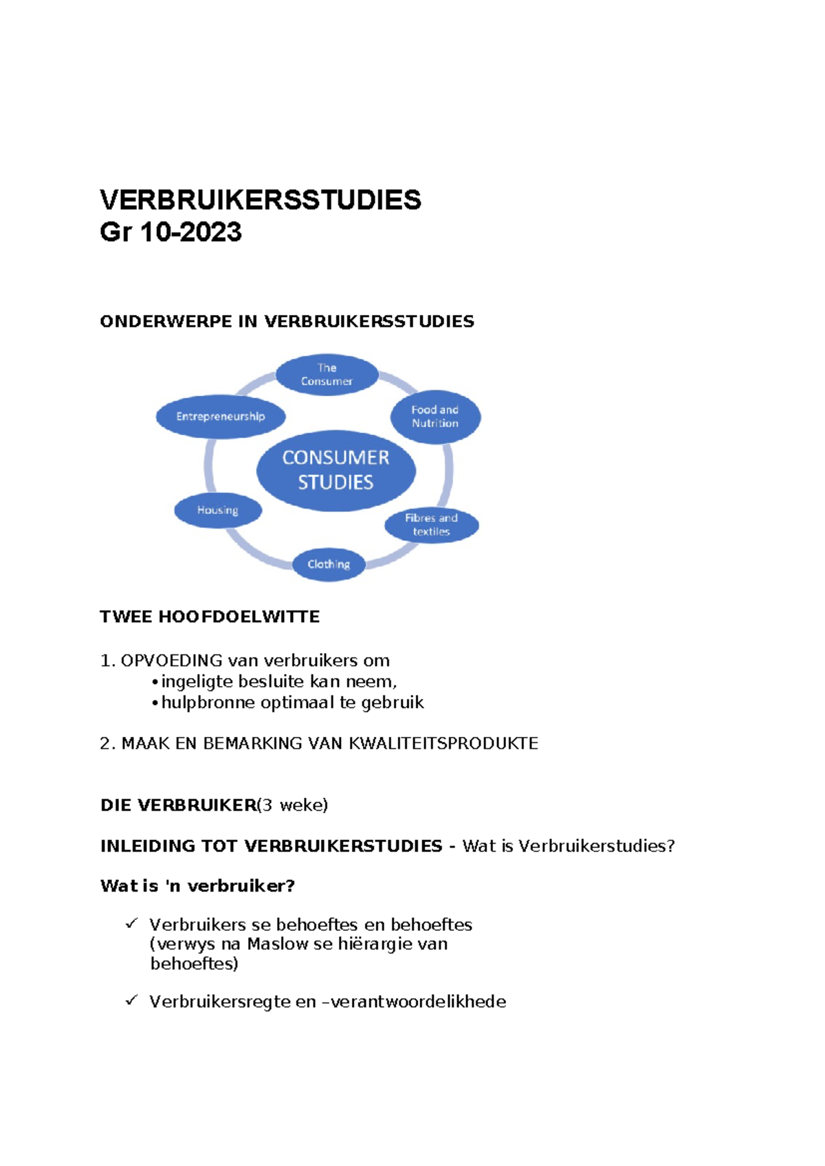 Verbruikersstudies Gr 10: Kwartaal 1 Hoofstudiemateriaal - Studocu