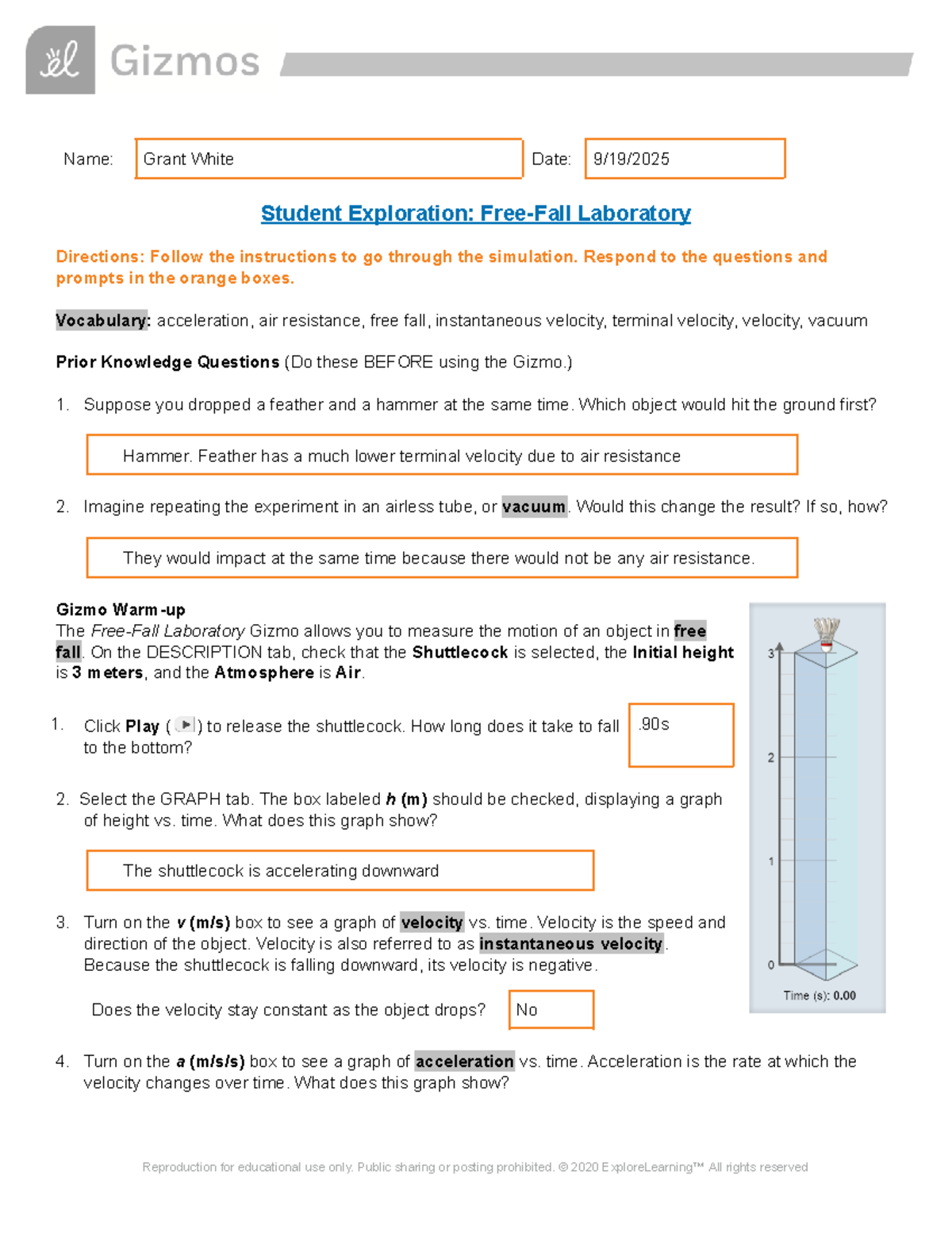 Free Fall SE - Gizmos Lab Directions and Observations - Studocu