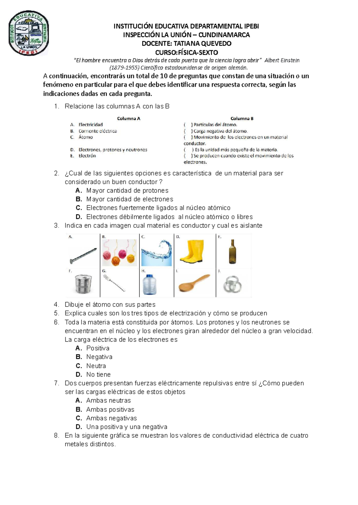 Examen de Física 6to Período - IPEBI Cundinamarca - Studocu