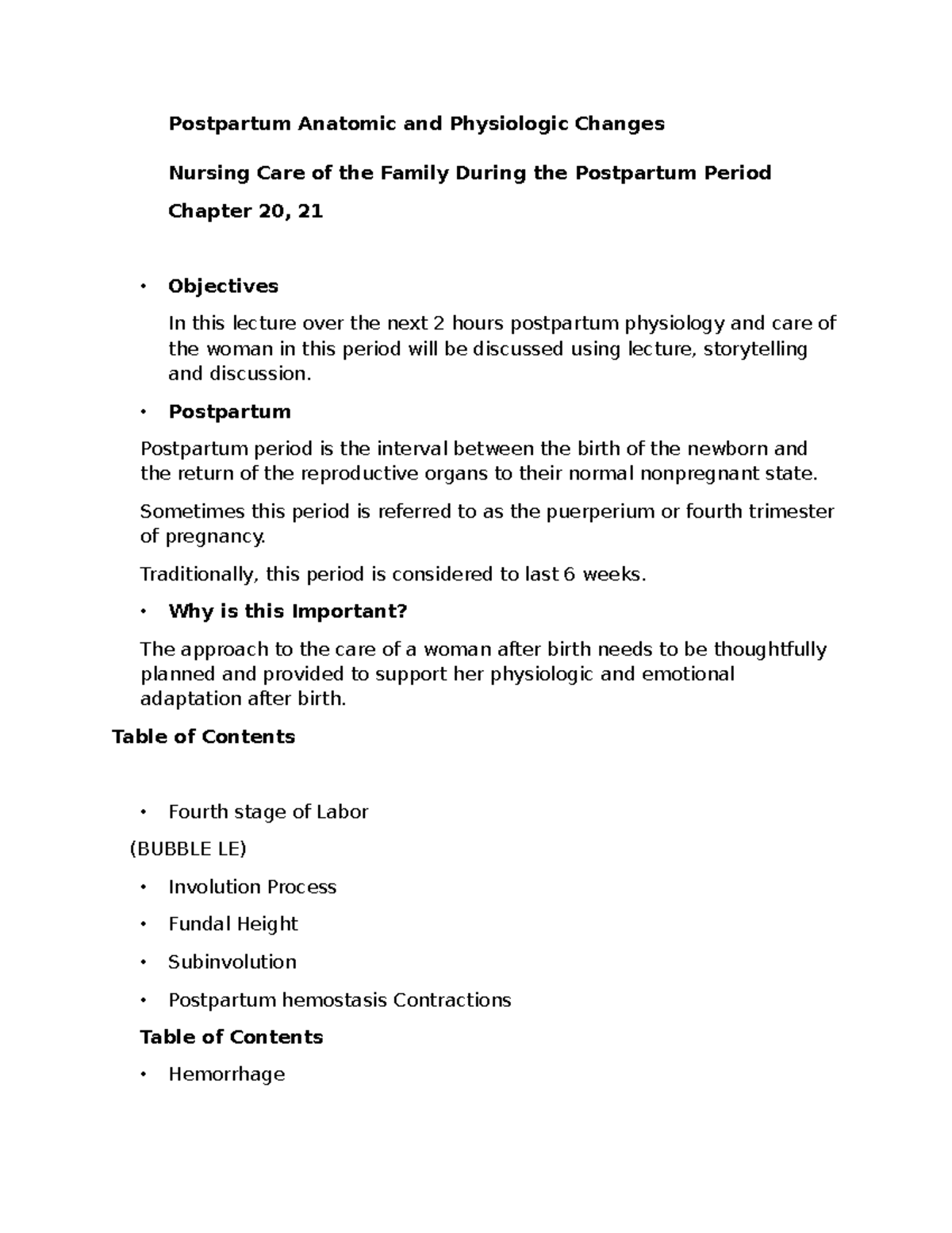 Nursing Care During Postpartum: Anatomic & Physiologic Changes (Chapter ...