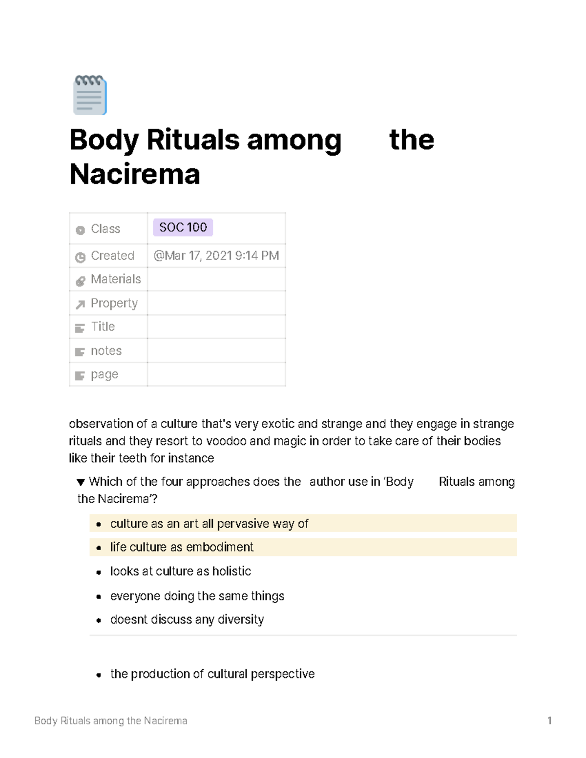 Body Rituals among the Nacirema - Studocu