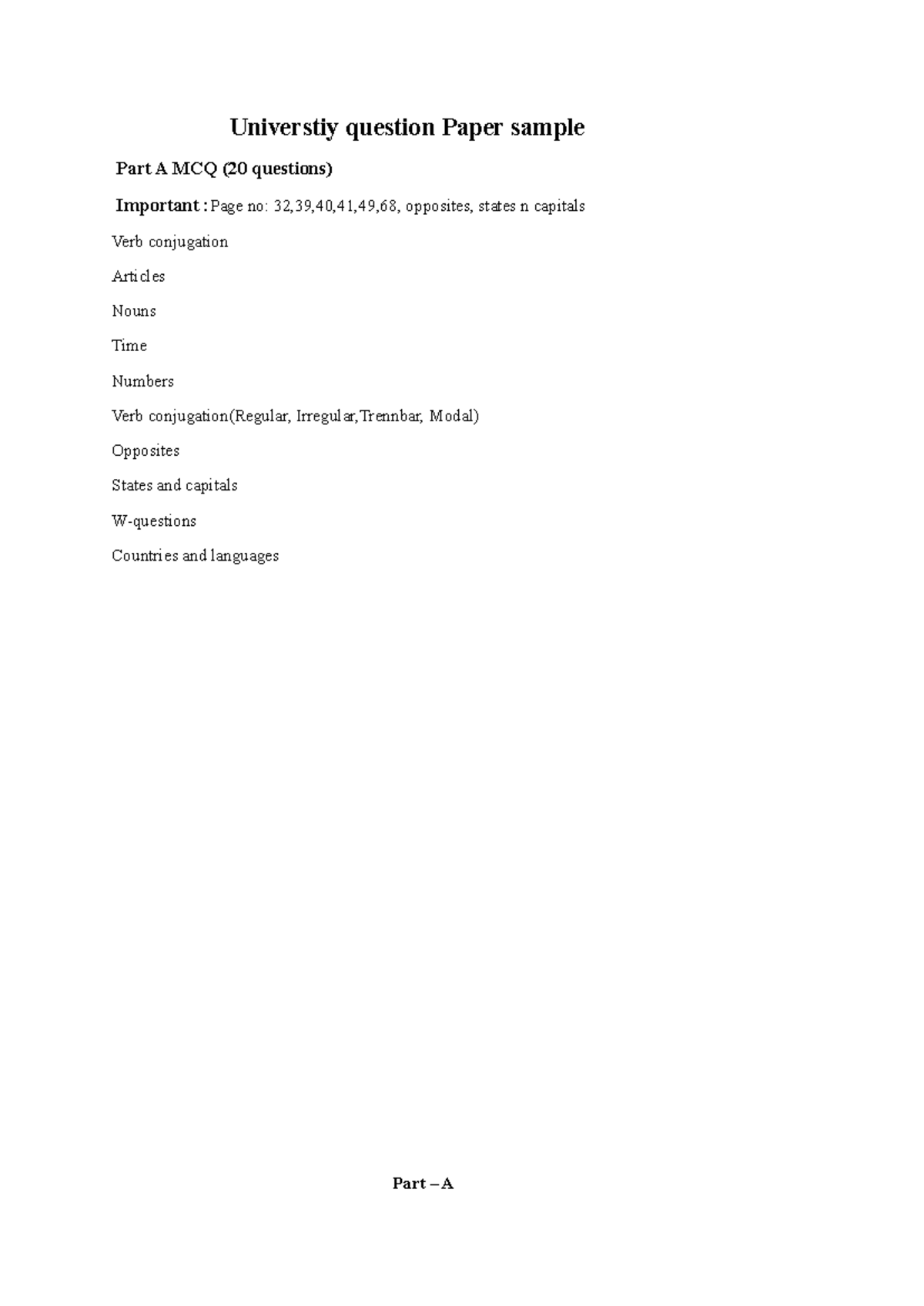 University Sample Question Paper Part A: MCQs & Exercises - Studocu