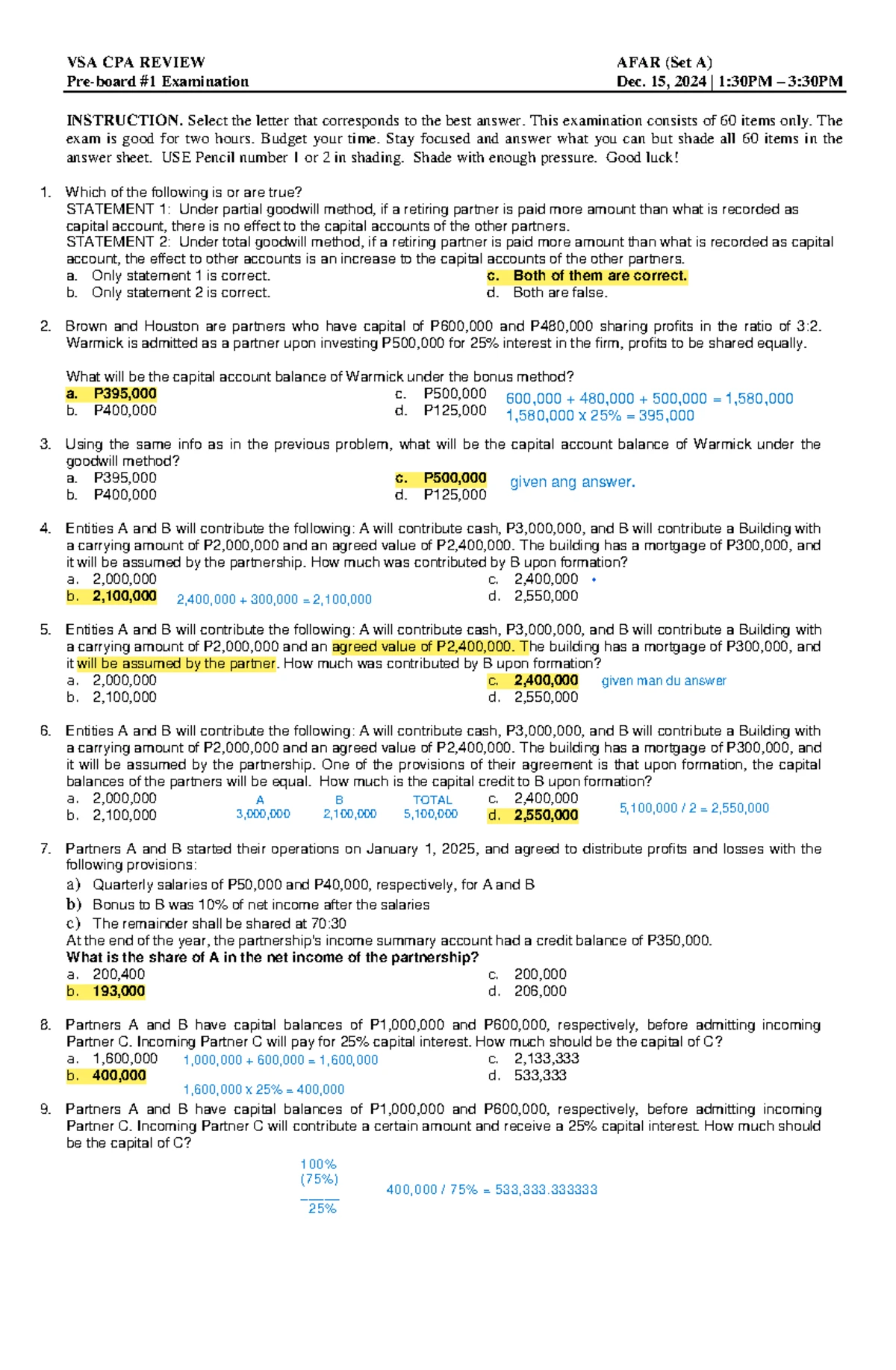 VSA CPA REVIEW: TAX Exam Set A Instructions & Sample Questions - Studocu