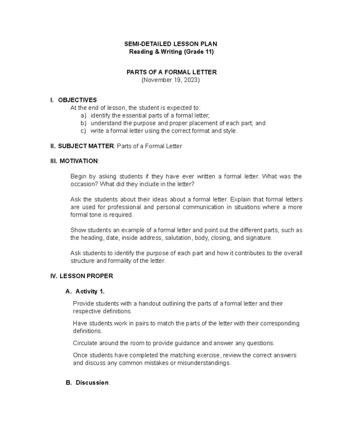 Grade 11 Semi-Detailed Lesson Plan: Parts of a Formal Letter - Studocu