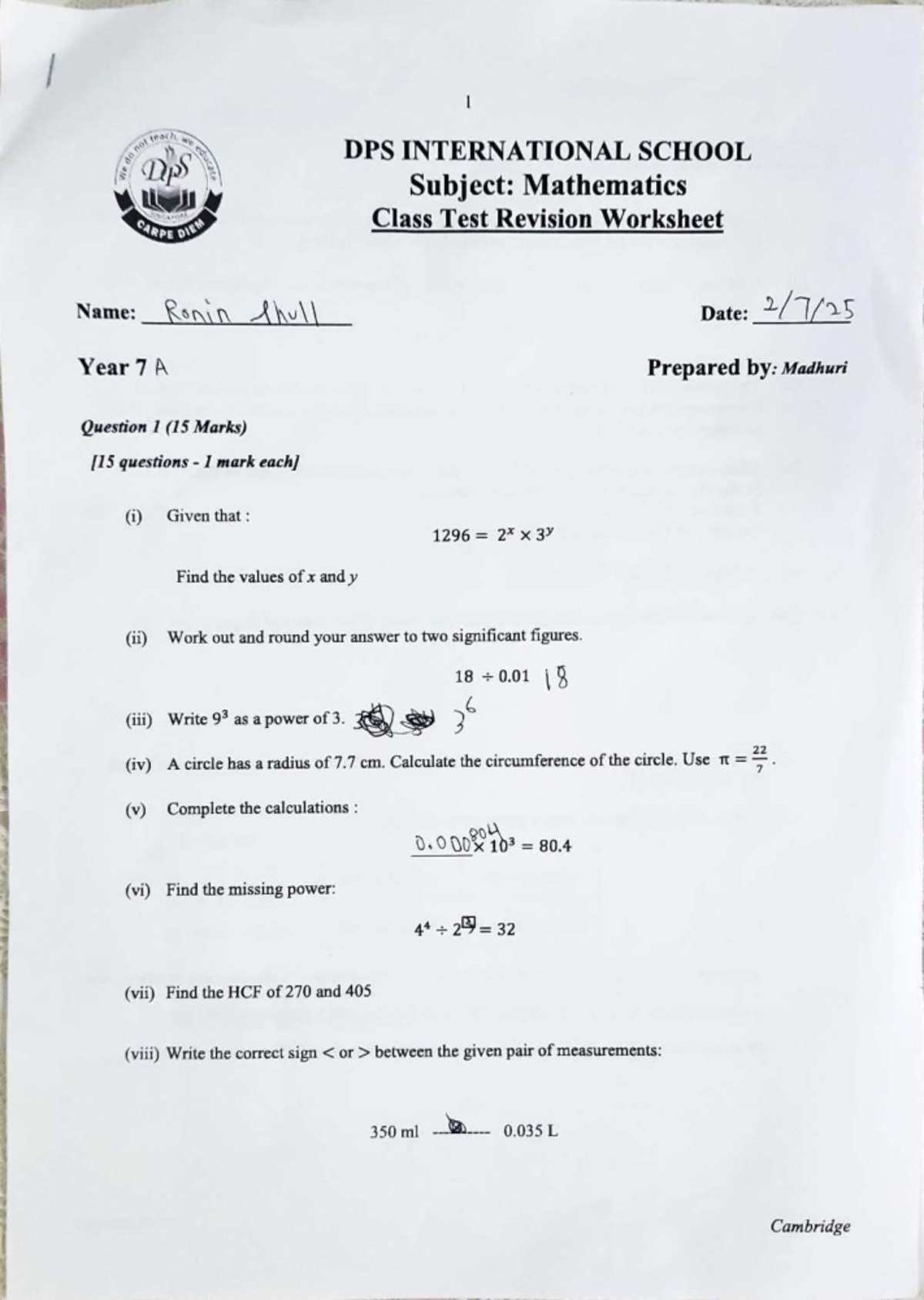 DPS International School Year 7 Mathematics Class Test Revision - Studocu