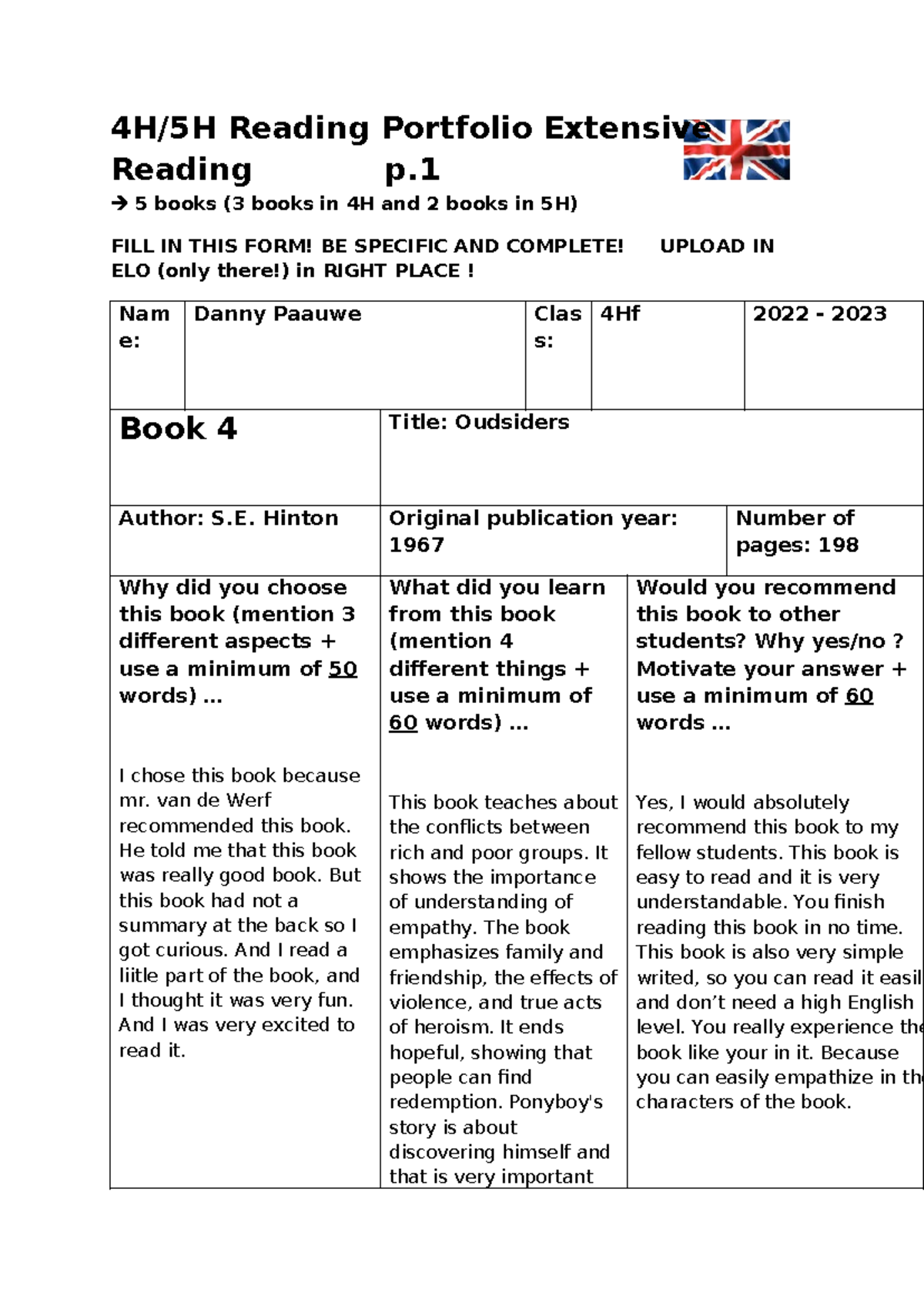 Reading Portfolio: Boekverslag Outsiders (4H & 5H) 2022-2023 - Studeersnel