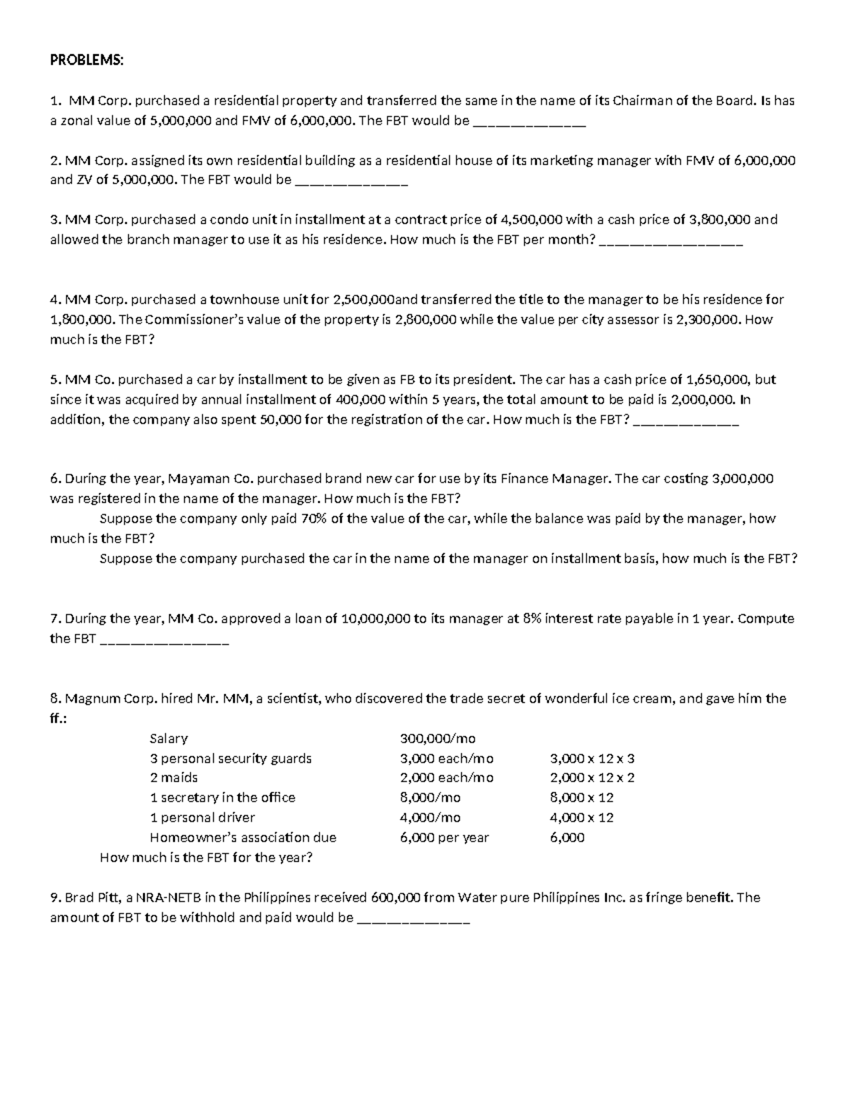 FBT Example Problems: Calculating Fringe Benefits for MM Corp. - Studocu