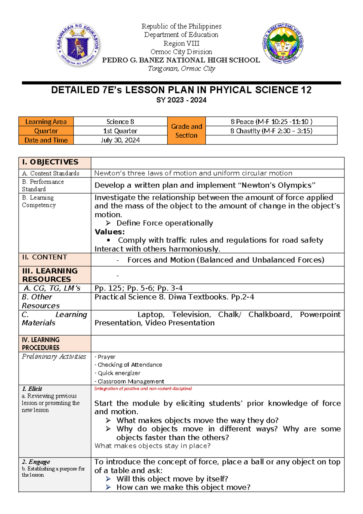 Balanced and Unbalanced Forces Lesson Plan for Science 8 - Studocu