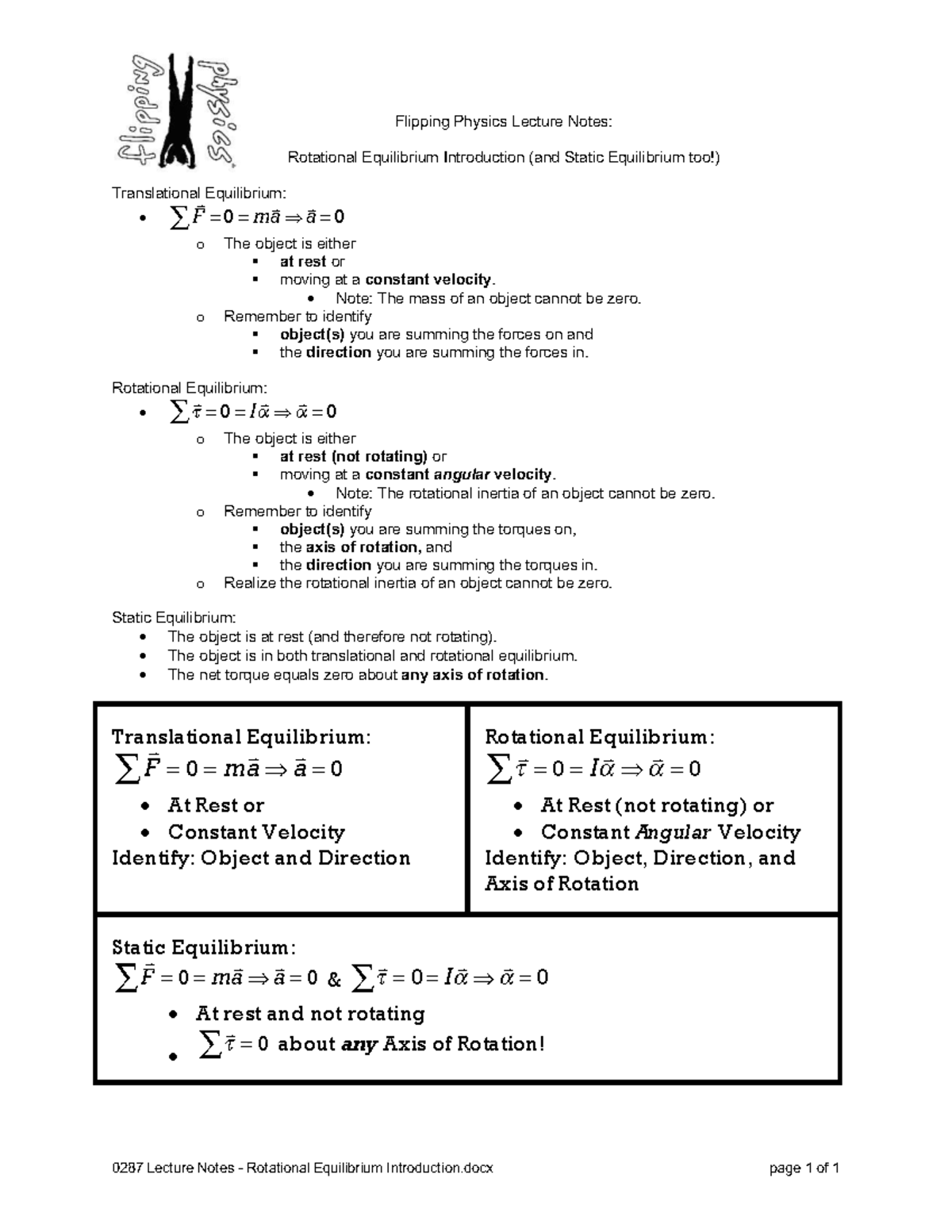 0287 Lecture Notes: Intro to Rotational & Static Equilibrium - Studocu