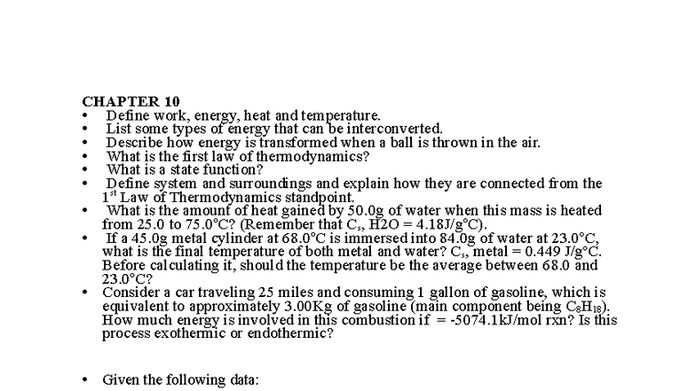 CHEM1311 Study Guide: Chapters 10 & 11 - Energy, Thermodynamics, and ...