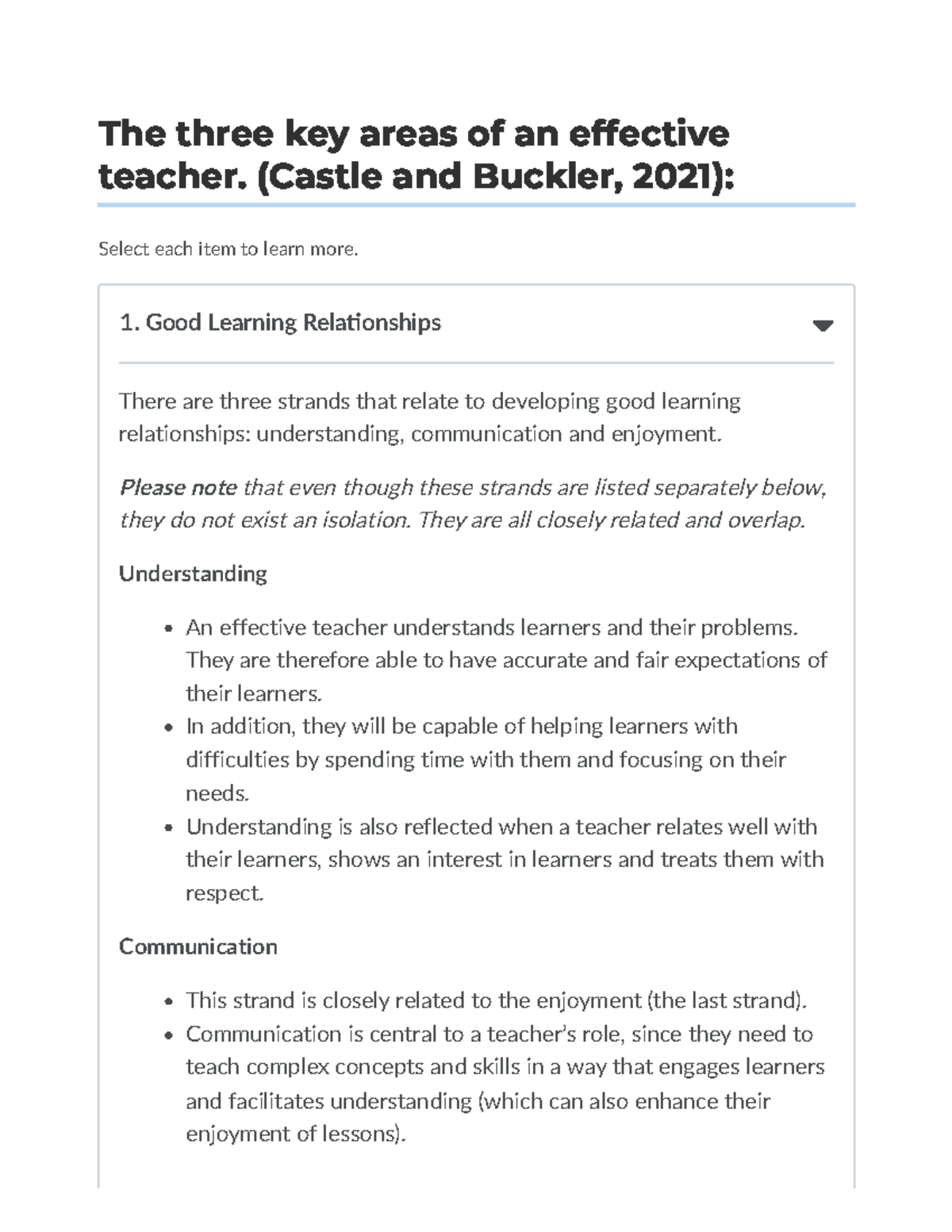Teaching Experience Notes: Key Areas of Effective Teaching (Castle ...