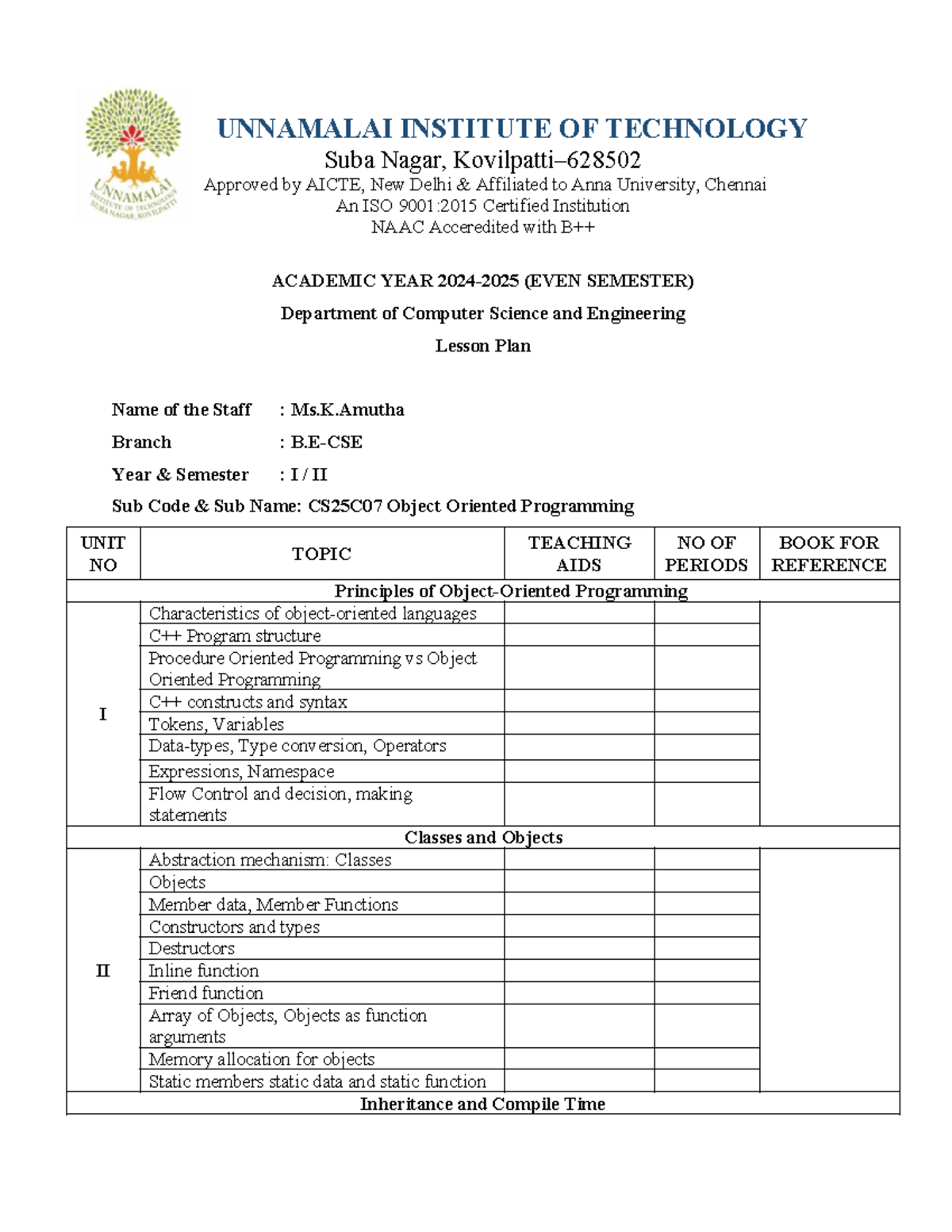 CS25C07 Object Oriented Programming Lesson Plan - OOPS - Studocu