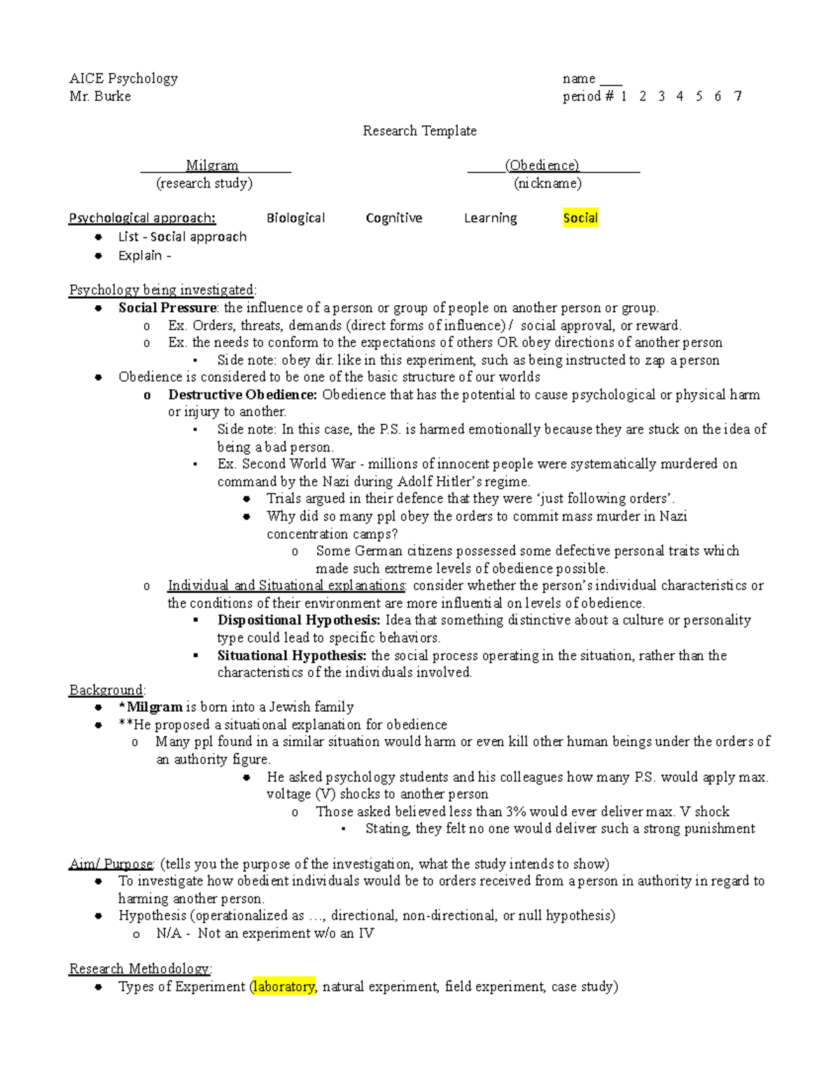 AICE Psychology Research Template: Milgram's Study on Obedience - Studocu
