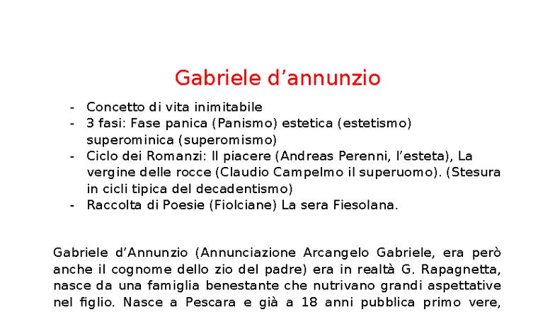 Gabriele D'Annunzio: Estetismo e Superomismo nel Decadentismo - Studocu