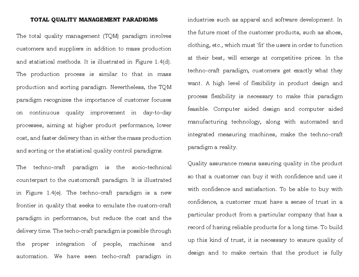 TQM Paradigms: Understanding Quality Management Approaches - Studocu