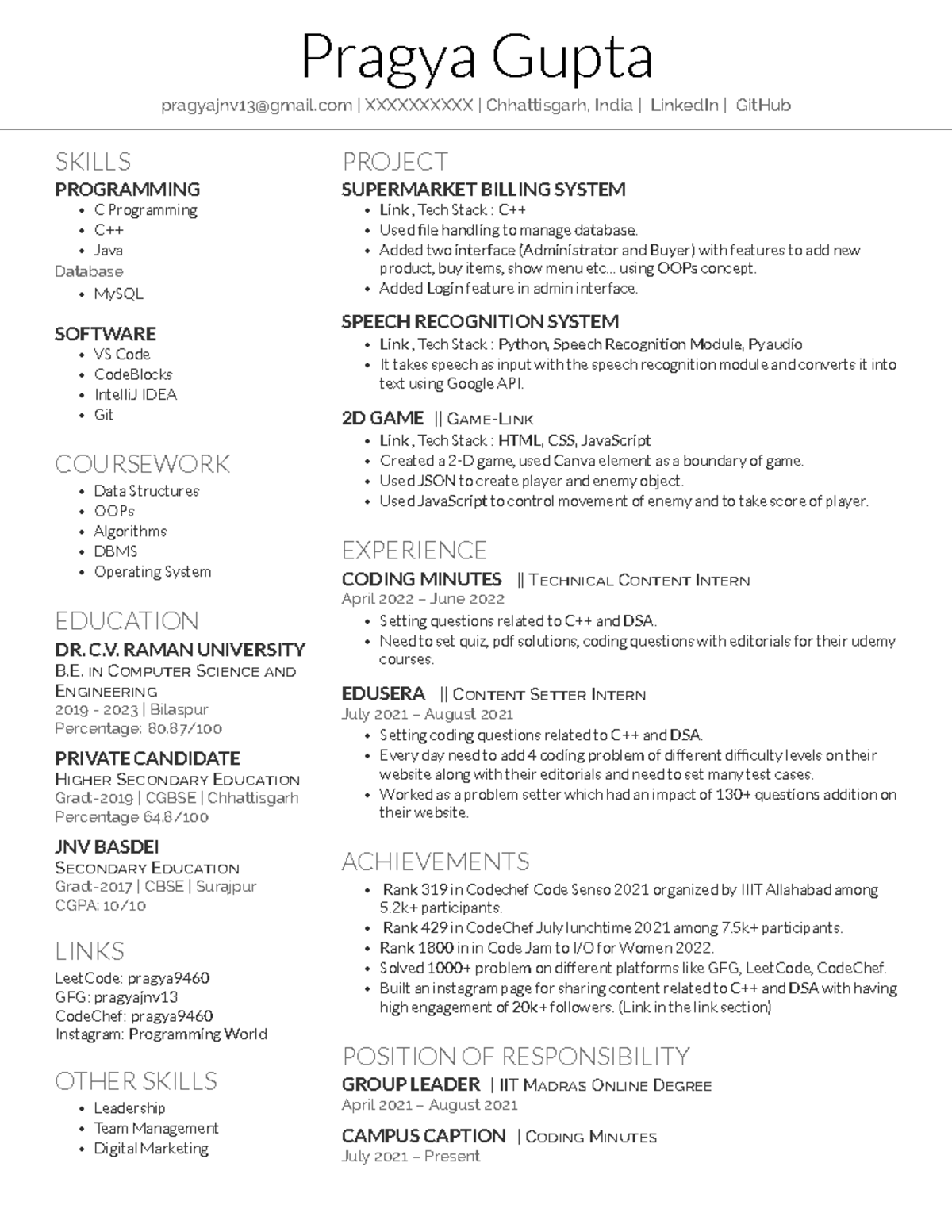 Resume - dfihj;k\ - Pragya Gupta pragyajnv13@gmail | XXXXXXXXXX | Chhattisgarh, India | LinkedIn ...