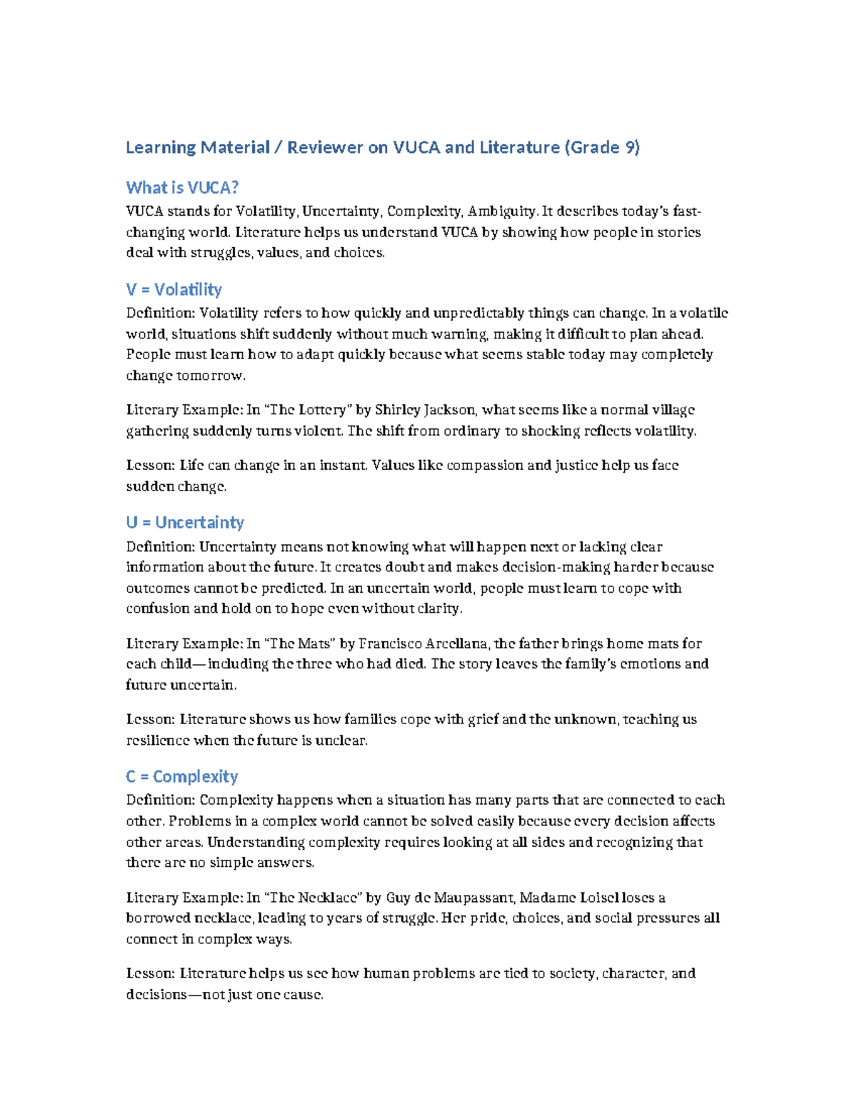 VUCA Learning Material Review: Understanding Literature in a Changing ...