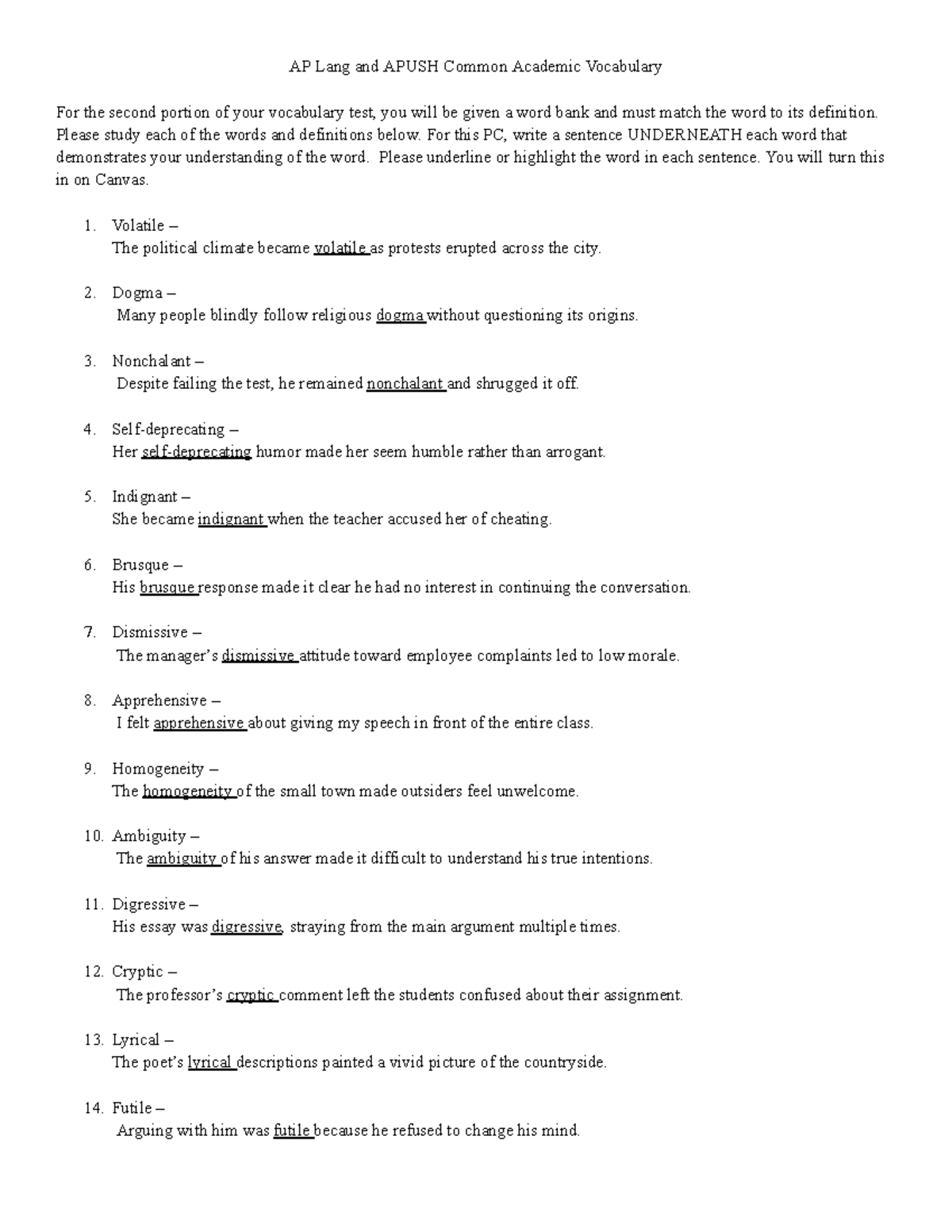 AP Lang & APUSH Common Academic Vocabulary for Vocabulary Test - Studocu