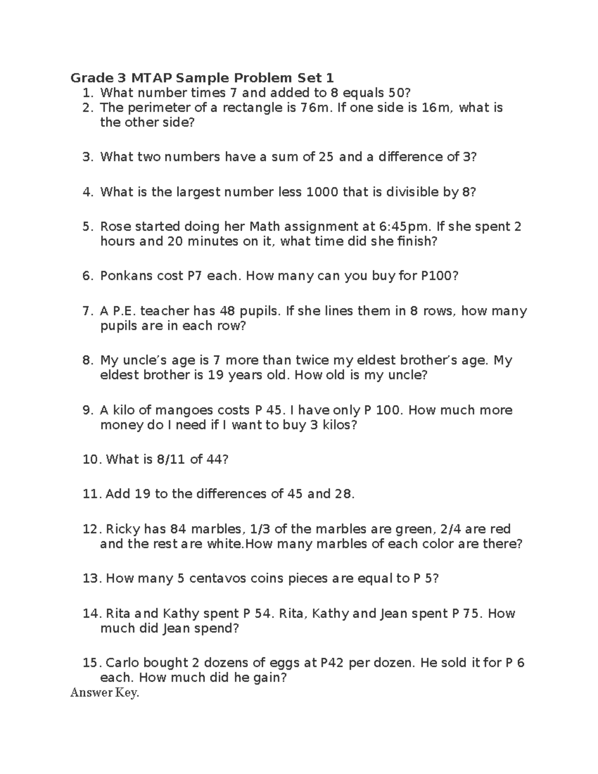 Grade 3 MTAP Sample Problem Set 1 - Grade 3 MTAP Sample Problem Set 1 1 ...