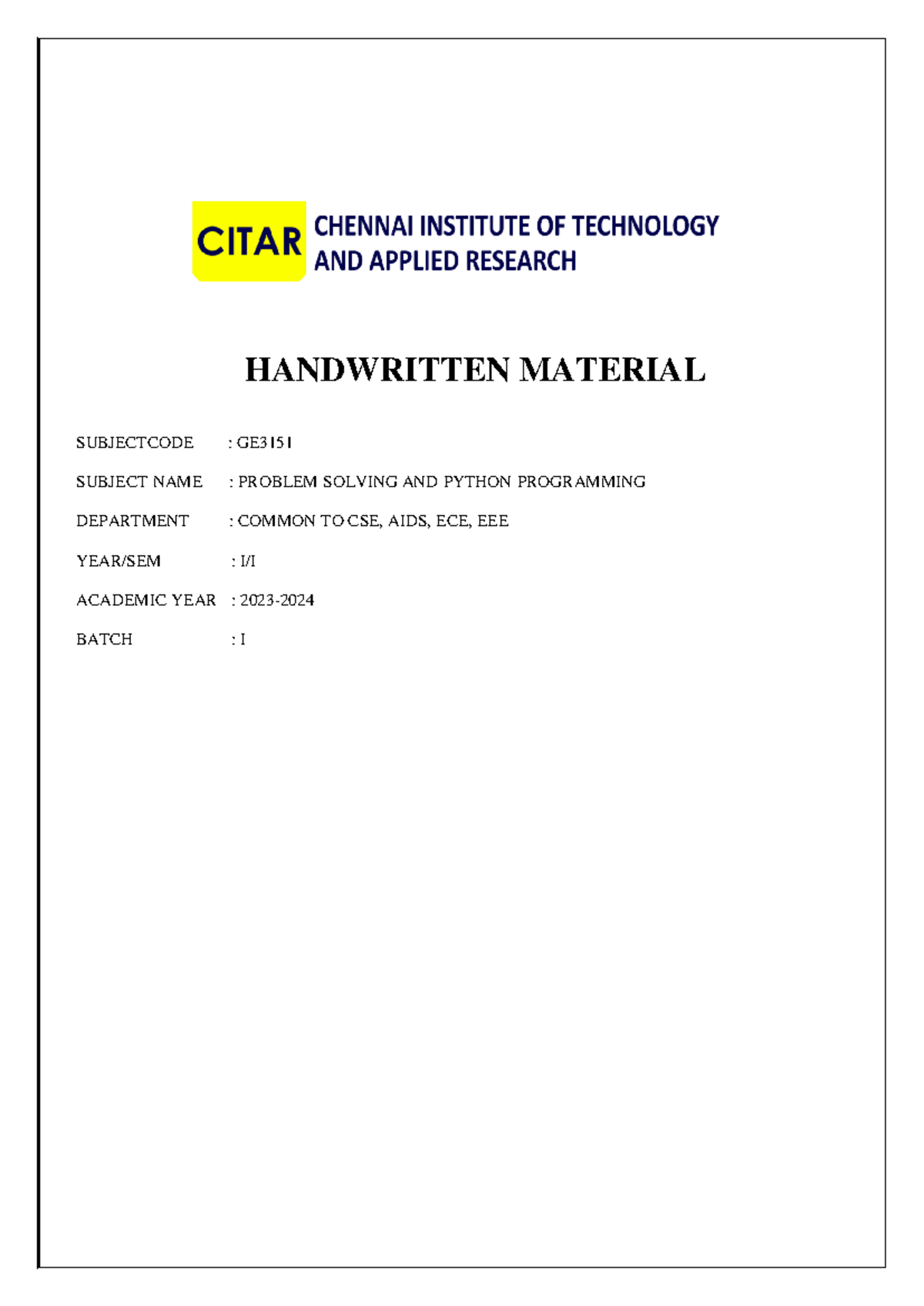 GE3151 Unit 3: Control Flow, Functions, and Strings in Python Programming - Studocu