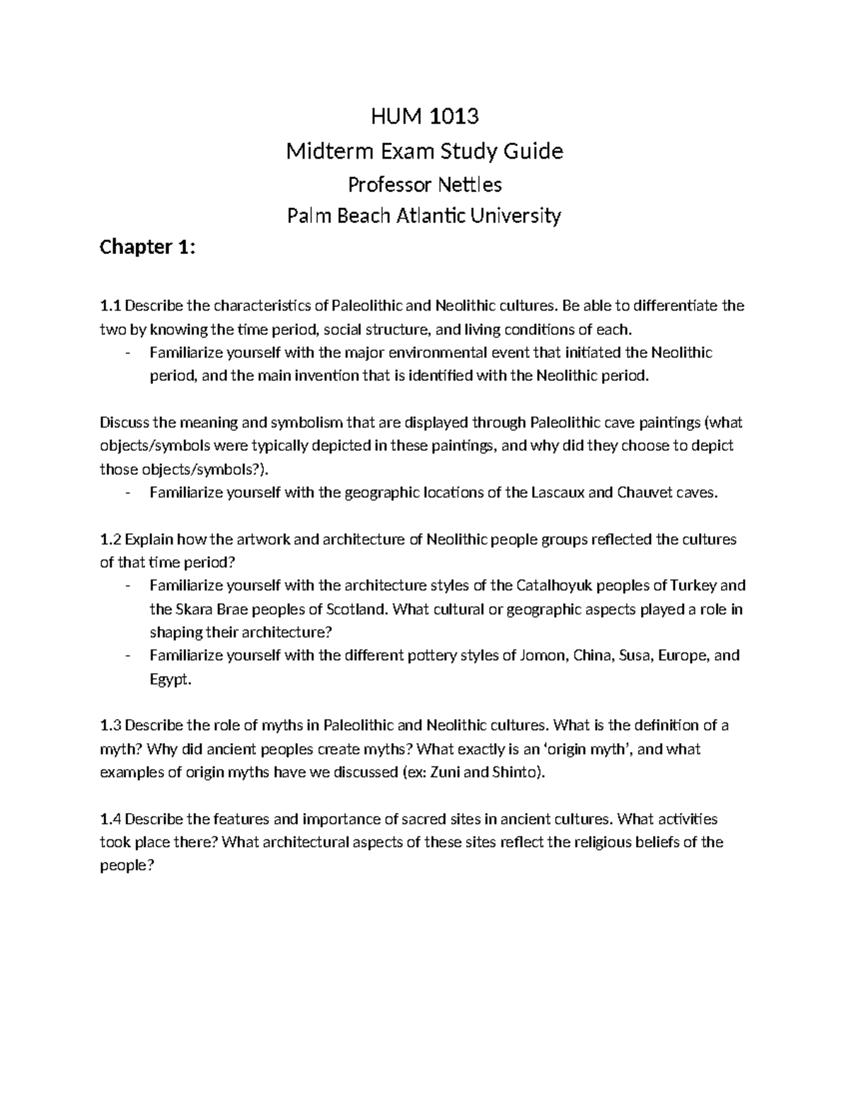 HUM 1013 Midterm Exam Study Guide: Ancient Cultures & Beliefs - Studocu