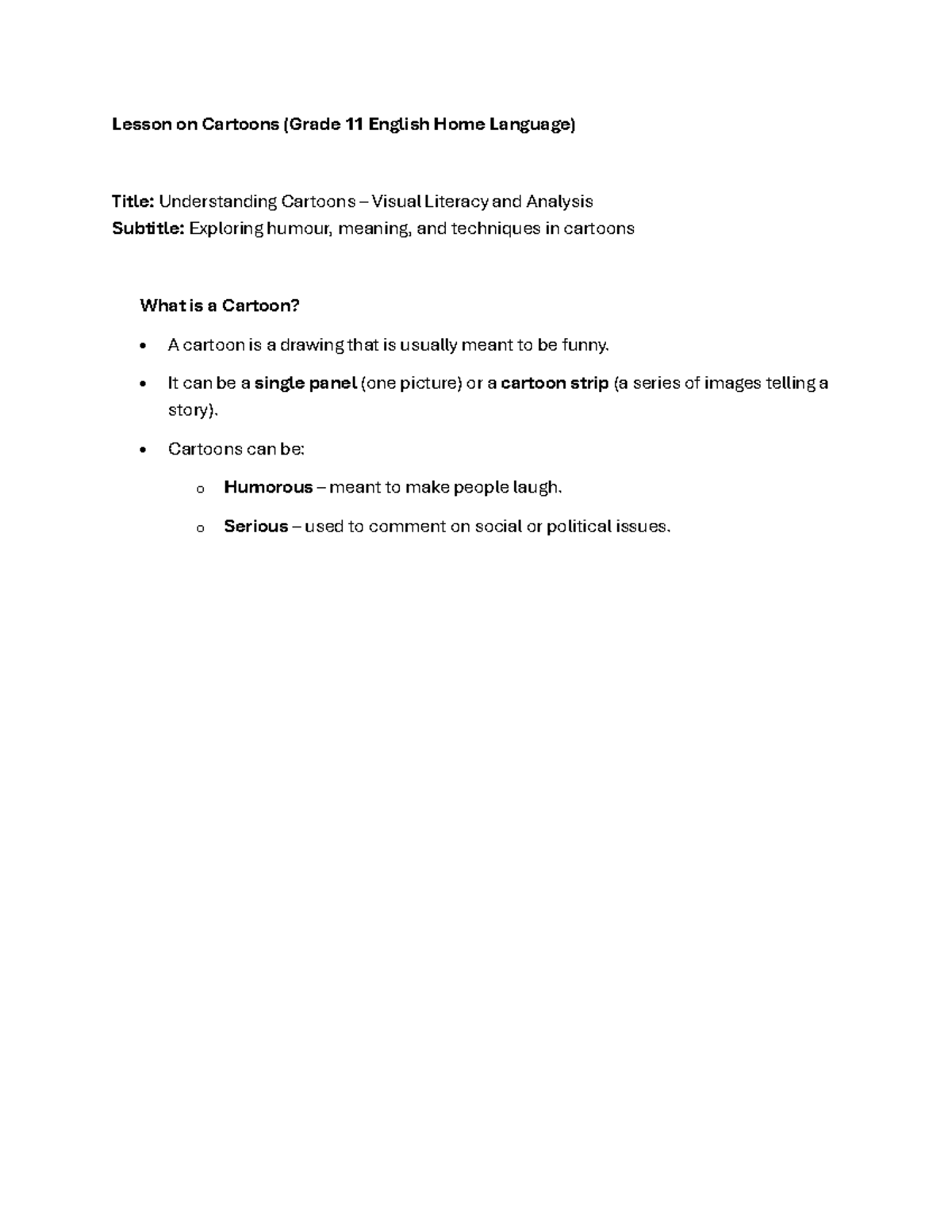 GR11 English Lesson: Analyzing Cartoons for Visual Literacy - Studocu