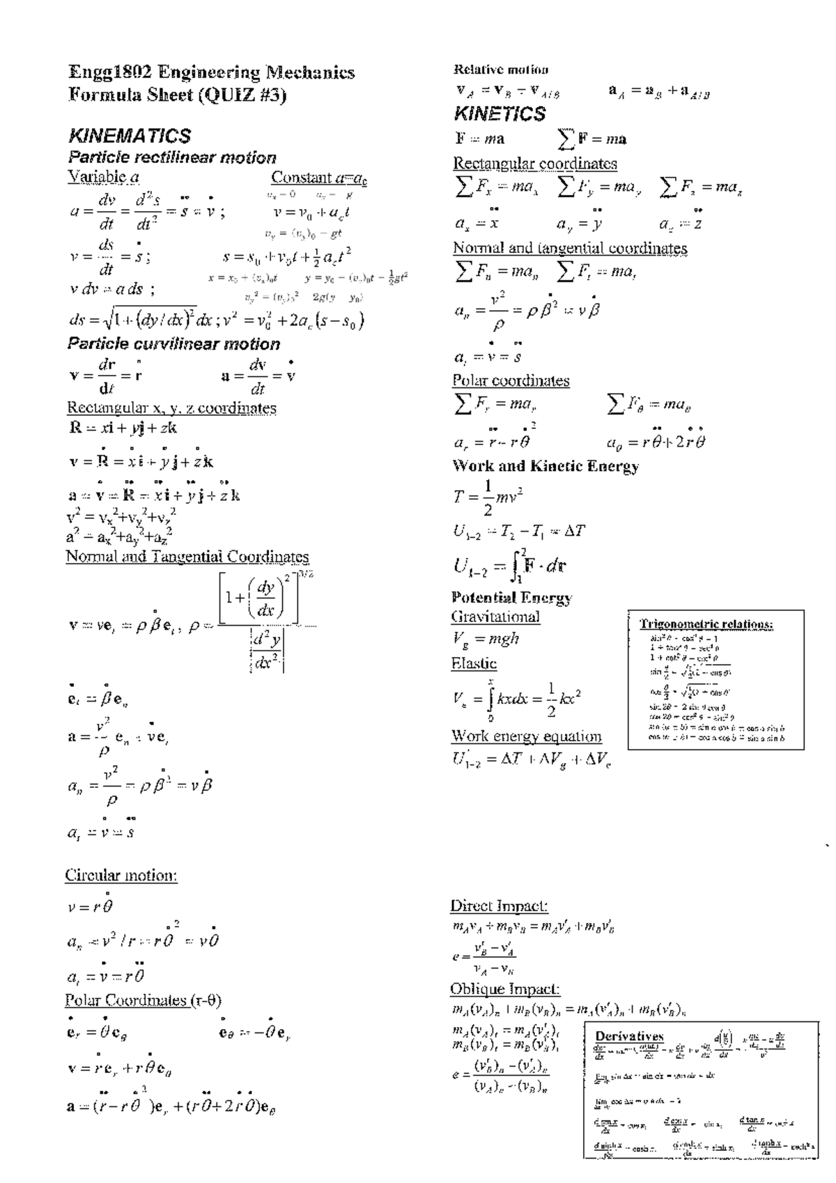 Quiz 3: Essential Formula Sheet for Quick Reference - Studocu