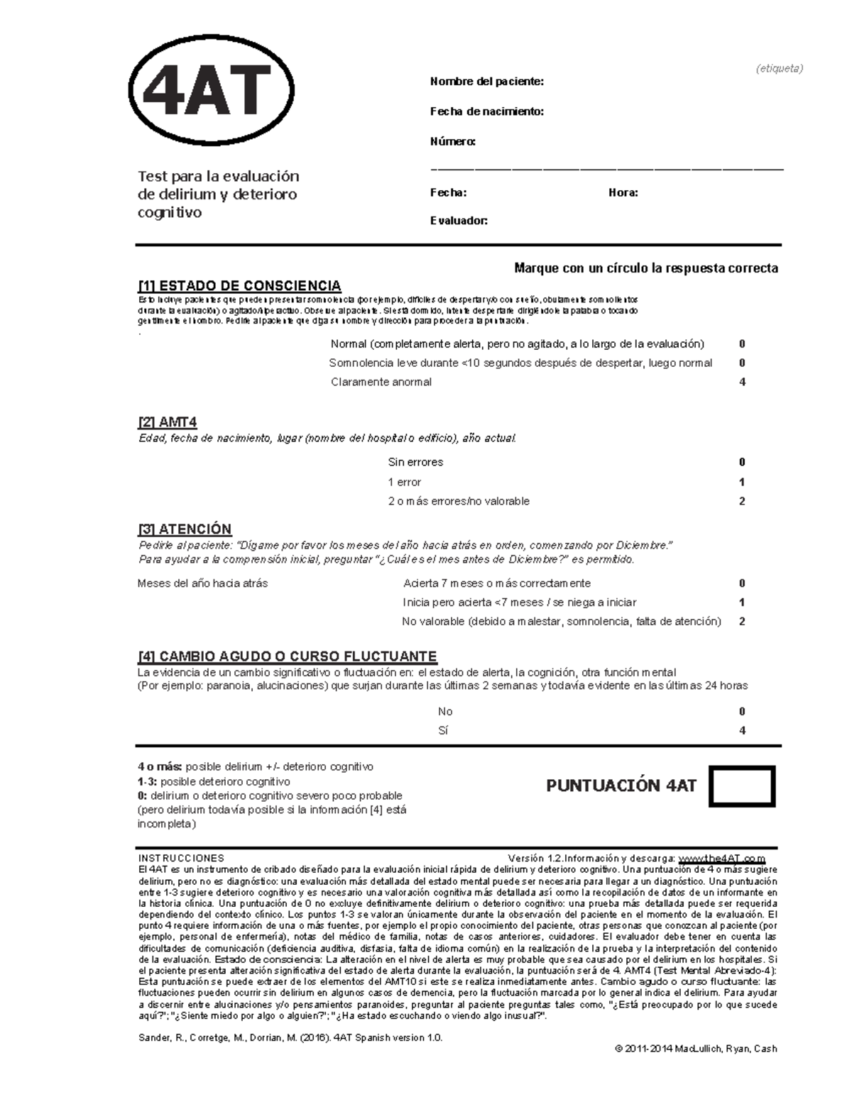 4AT - Test de Evaluación de Delirium y Deterioro Cognitivo - Studocu