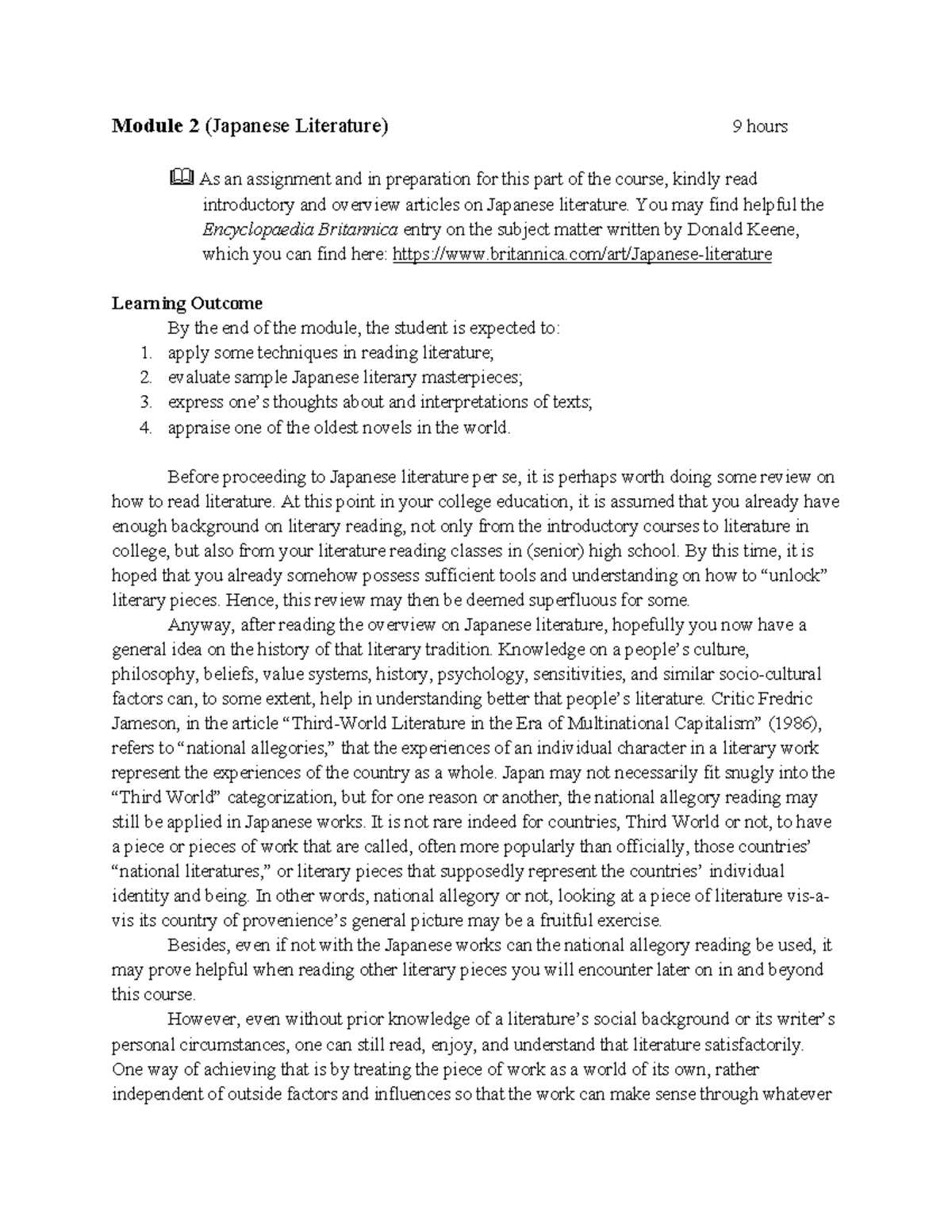 2 - Lit 122 [excerpt from Asian Literature (Lit 24,120)] - Module 2 ...