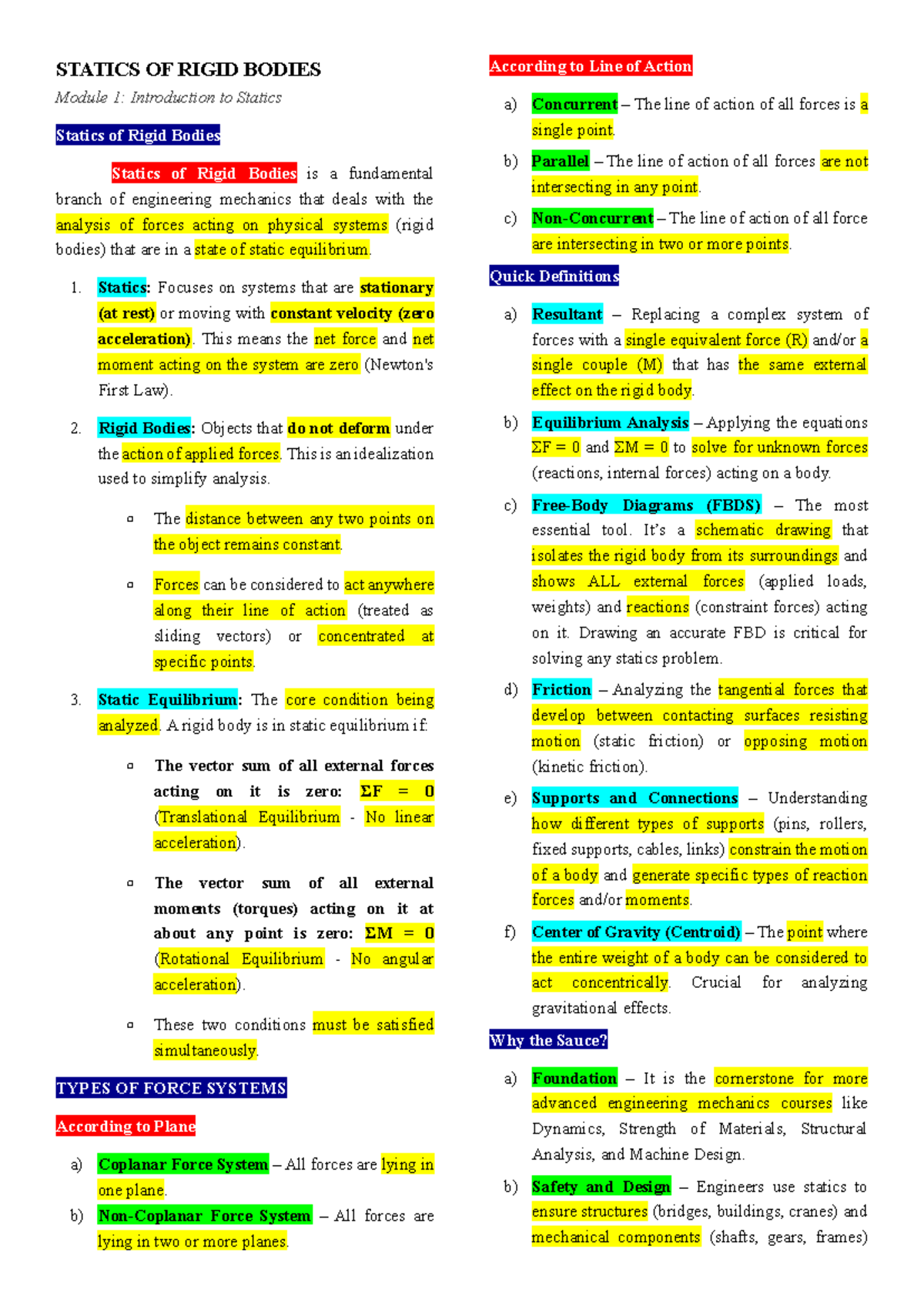 STATICS OF RIGID BODIES: Module 1 - Intro to Statics Concepts - Studocu