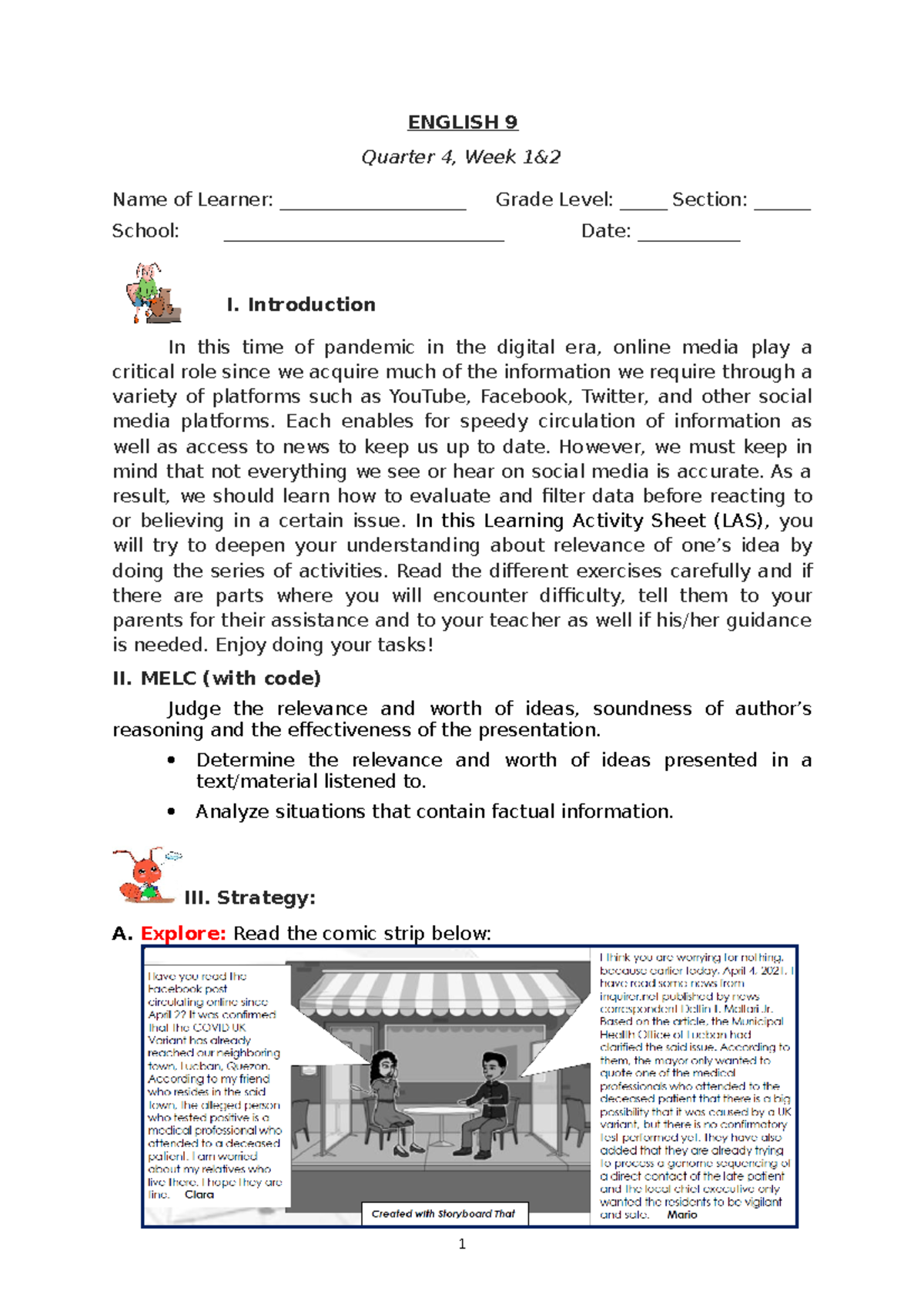 ENG9 SY2021 2022 LAS week 1&2 - ENGLISH 9 Quarter 4, Week 1& Name of ...