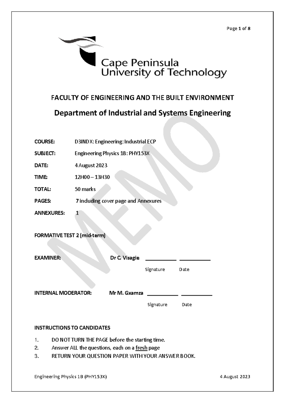 PHY153X Midterm Test 2 Memo for Engineering Physics 1B - Studocu