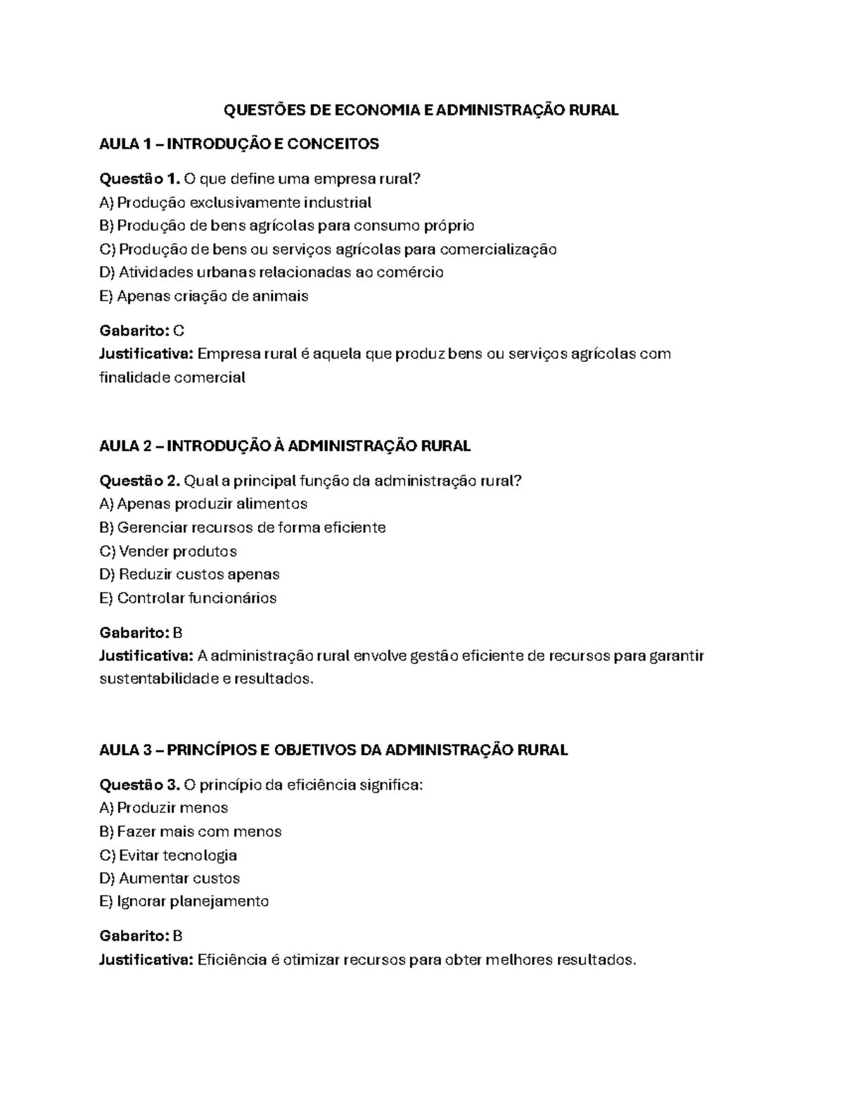 Questões De Economia E Administração Rural Aula 1 A 3 Studocu