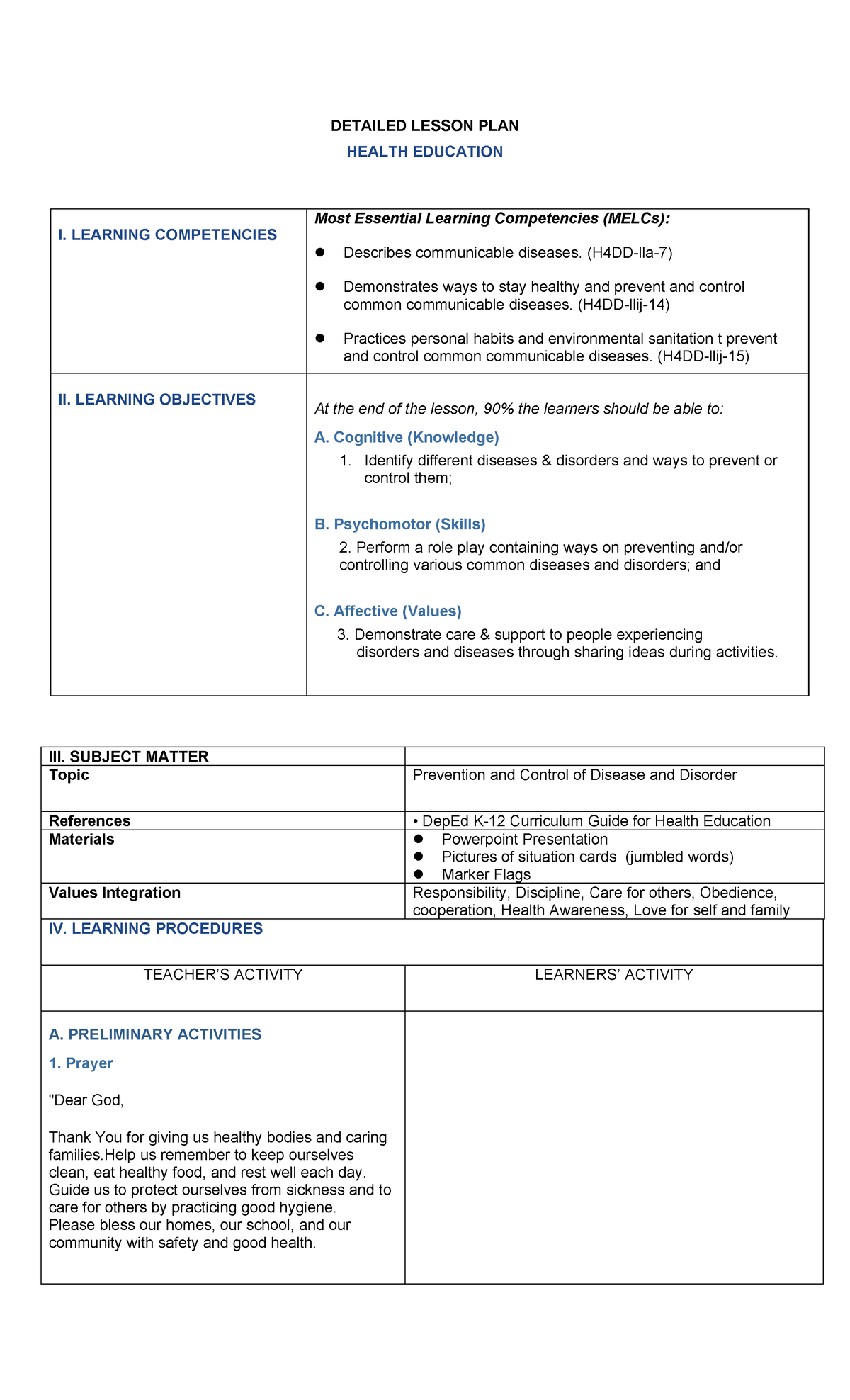 LP- Health Education I: Detailed Lesson Plan on Disease Prevention ...