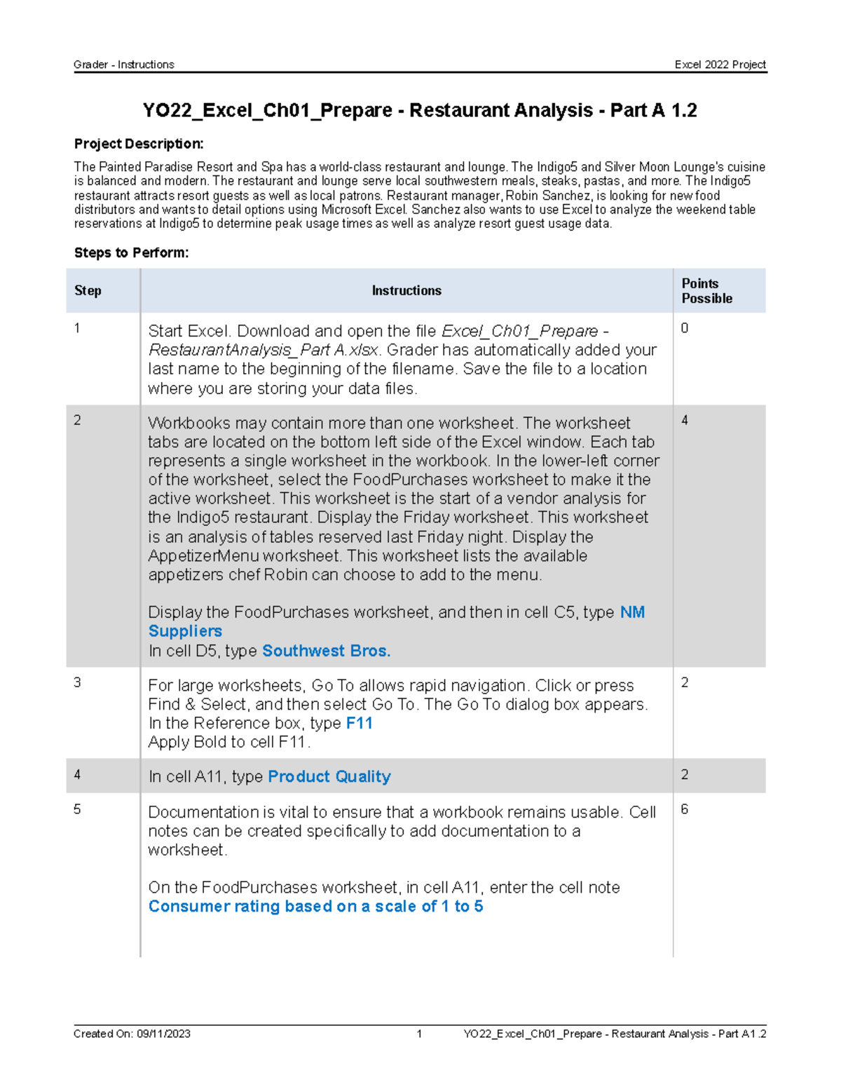YO22 Excel Ch01 Prepare - Restaurant Analysis Instructions and Guide - Studocu